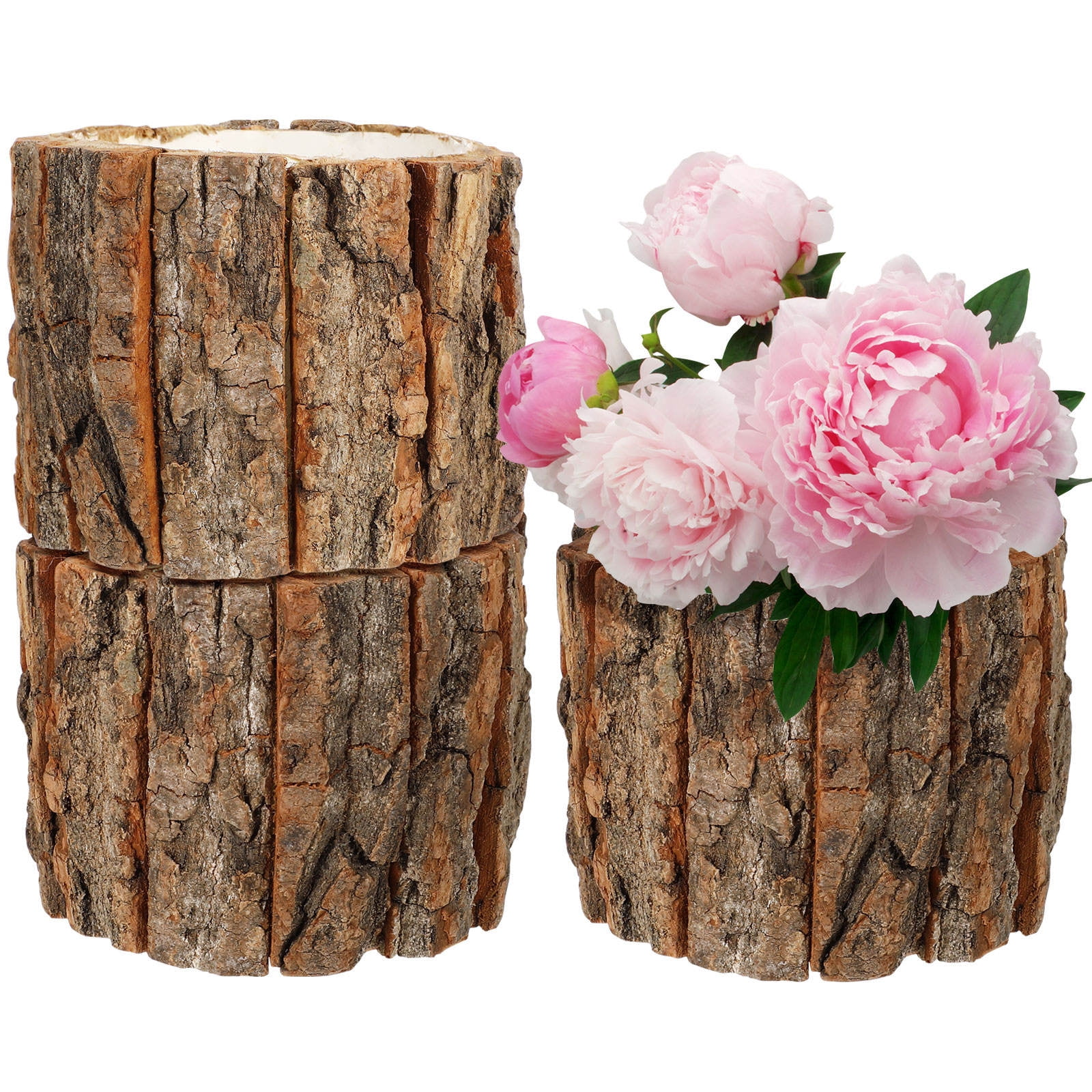 Mobestech 3 Pcs Wooden Flower Pots Natural Wood Bark Flower Buckets ...