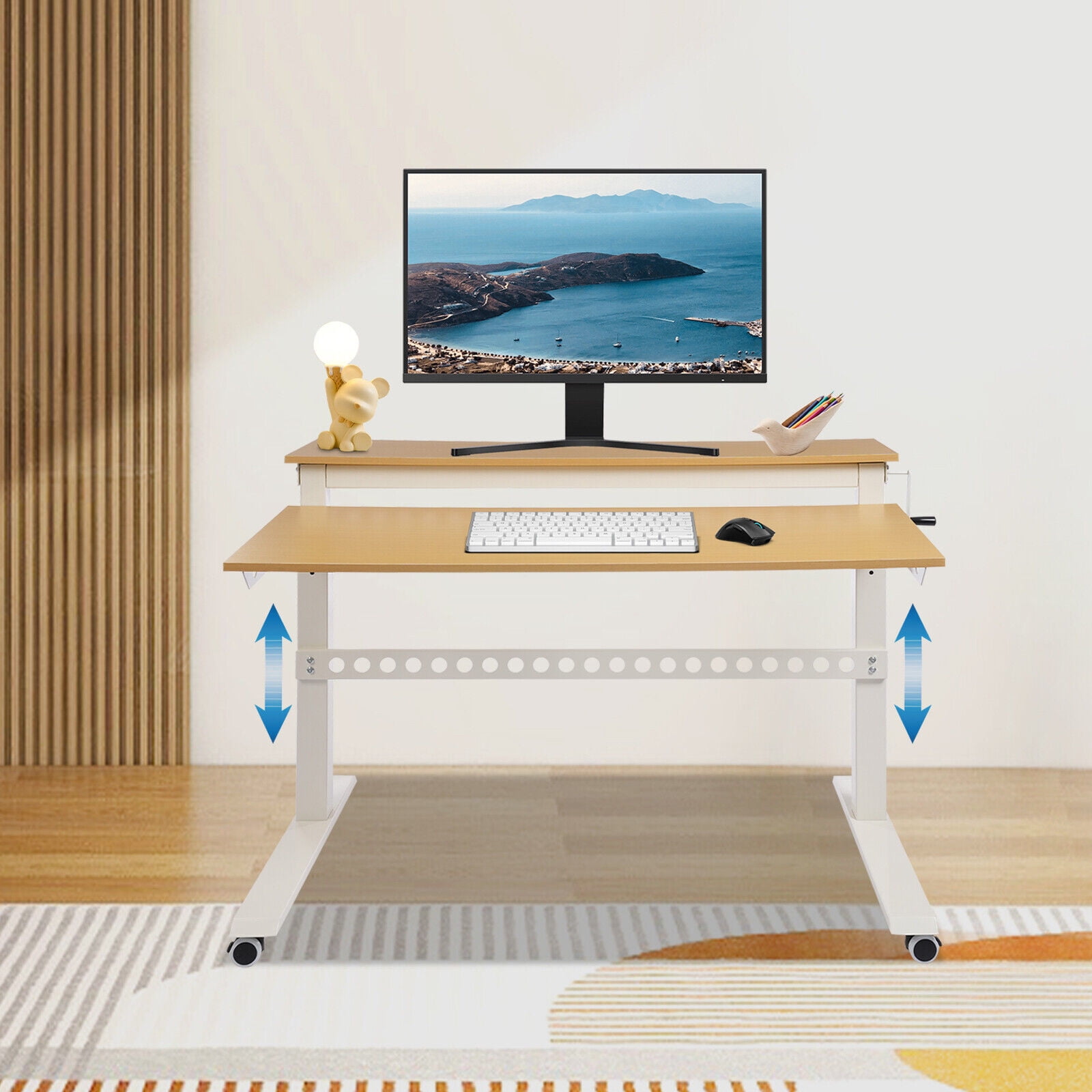 Mobile 2-Tier Rolling Laptop Desk with 4 Wheels, Adjustable Height ...