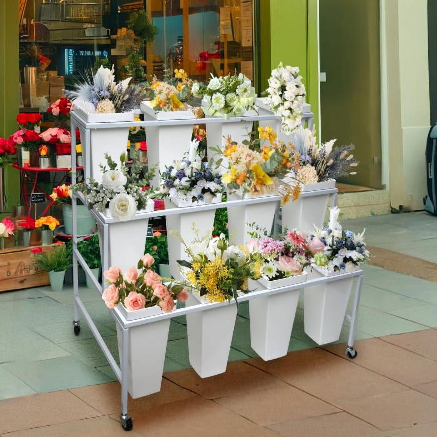 Mobile 3-Layer Flower Stand with 12 Buckets, White Flower Bar, Metal ...