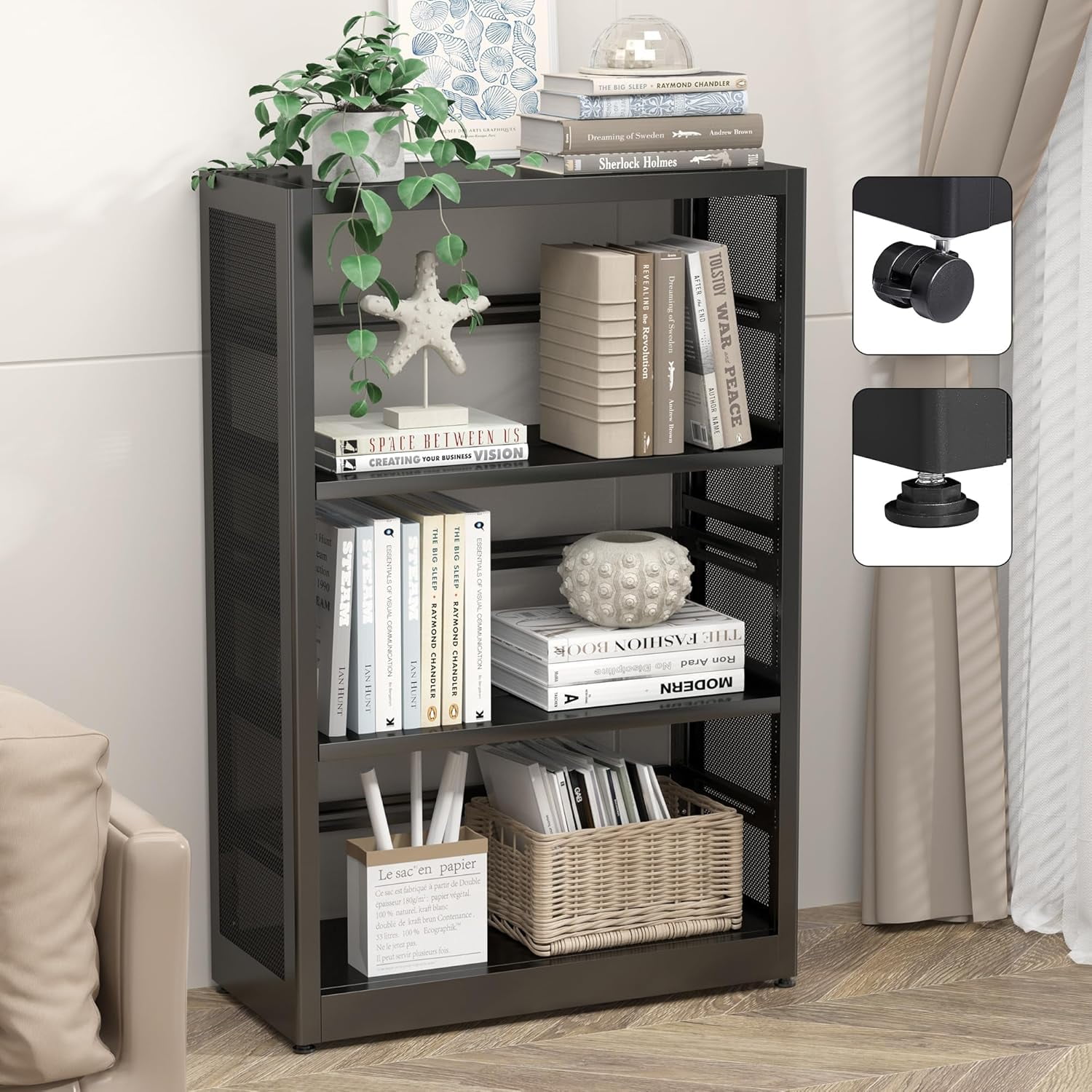 Mobile 3 Tier Bookshelf with Feet and Wheels, Metal Storage Book Shelf ...
