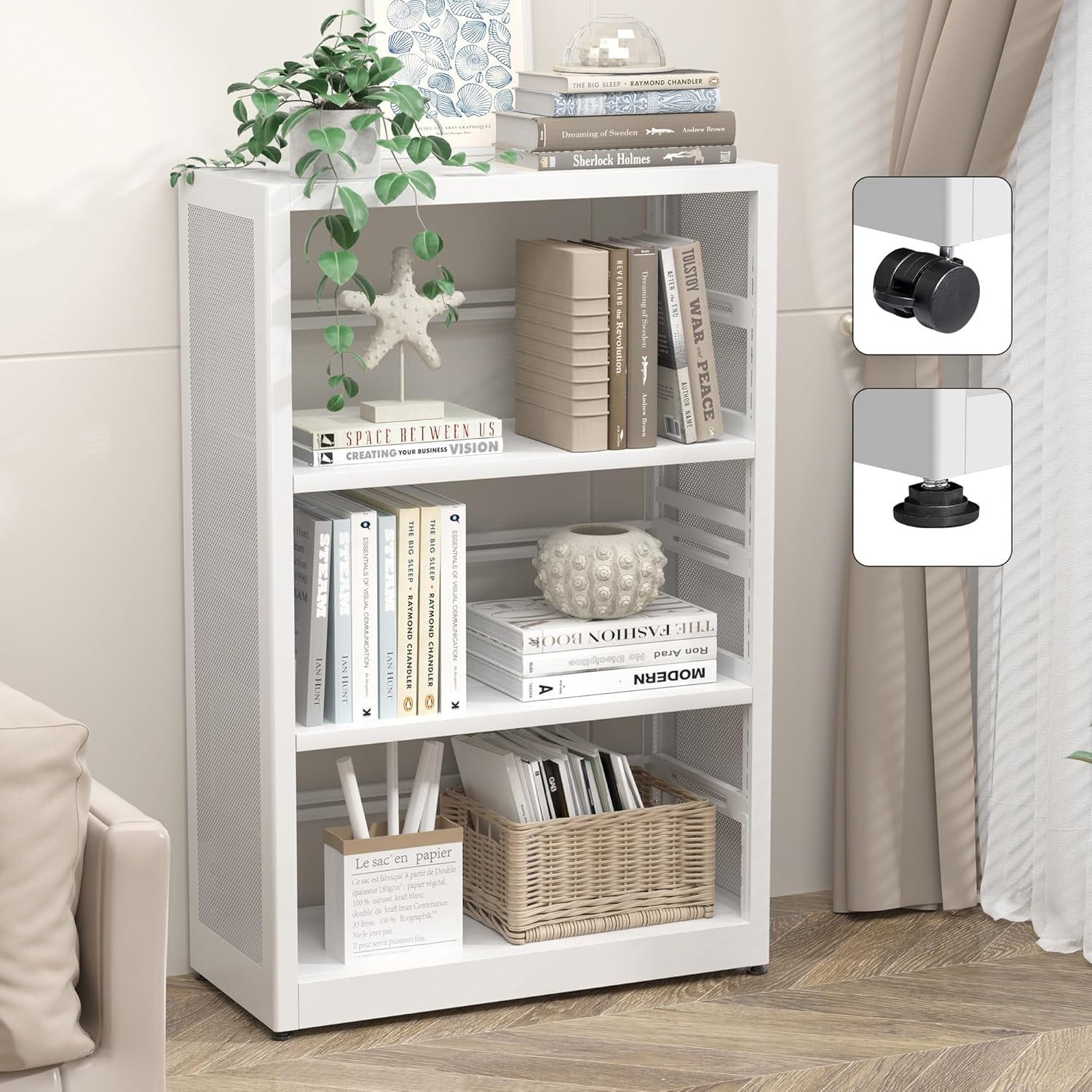 Mobile 3 Tier Bookshelf with Feet and Wheels, White Metal Storage Book ...