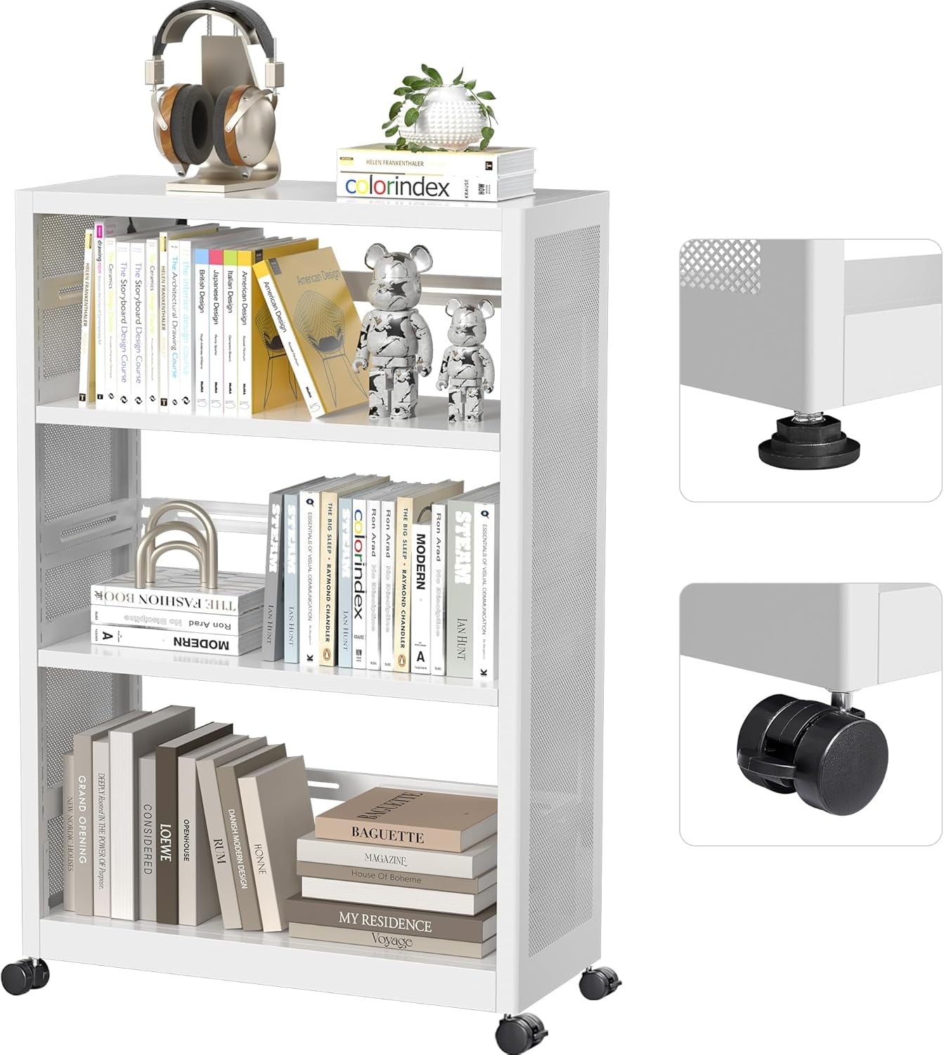 Mobile 3 Tier Bookshelf with Wheels and Adjustable Feet, Metal 3 Shelf ...