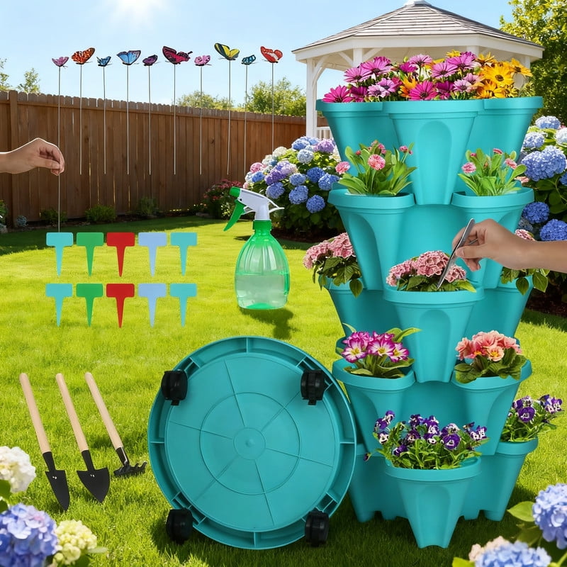 Mobile 5-Tier Vertical Garden Tower with Wheels & Tools - Portable ...