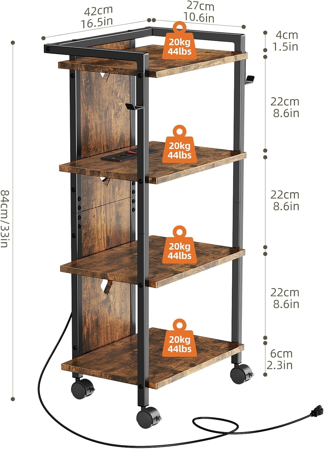 Mobile AV Media Stand with Power Outlets,4-Tier Media Console with 4 ...