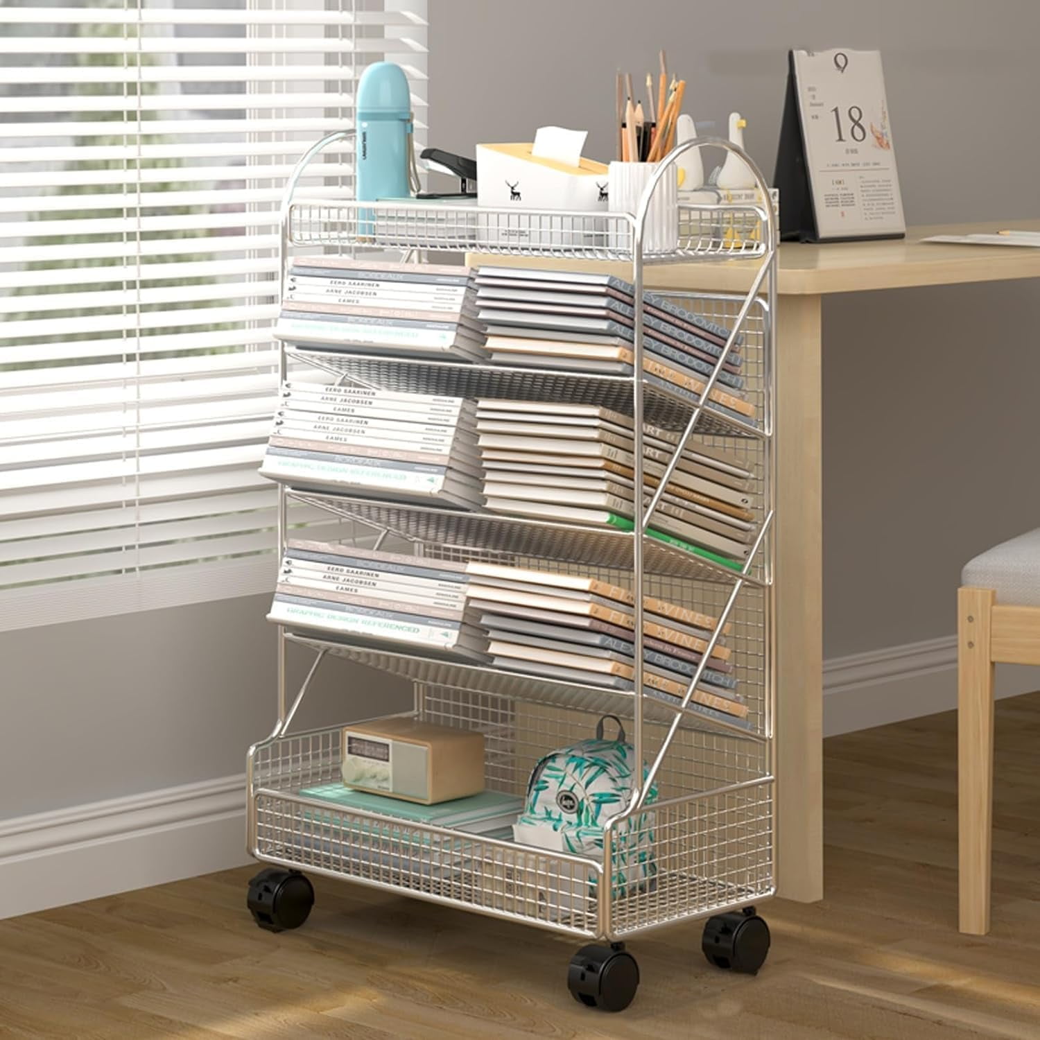 Mobile Bookshelf Cart Movable Storage Book Shelves with Lockable ...
