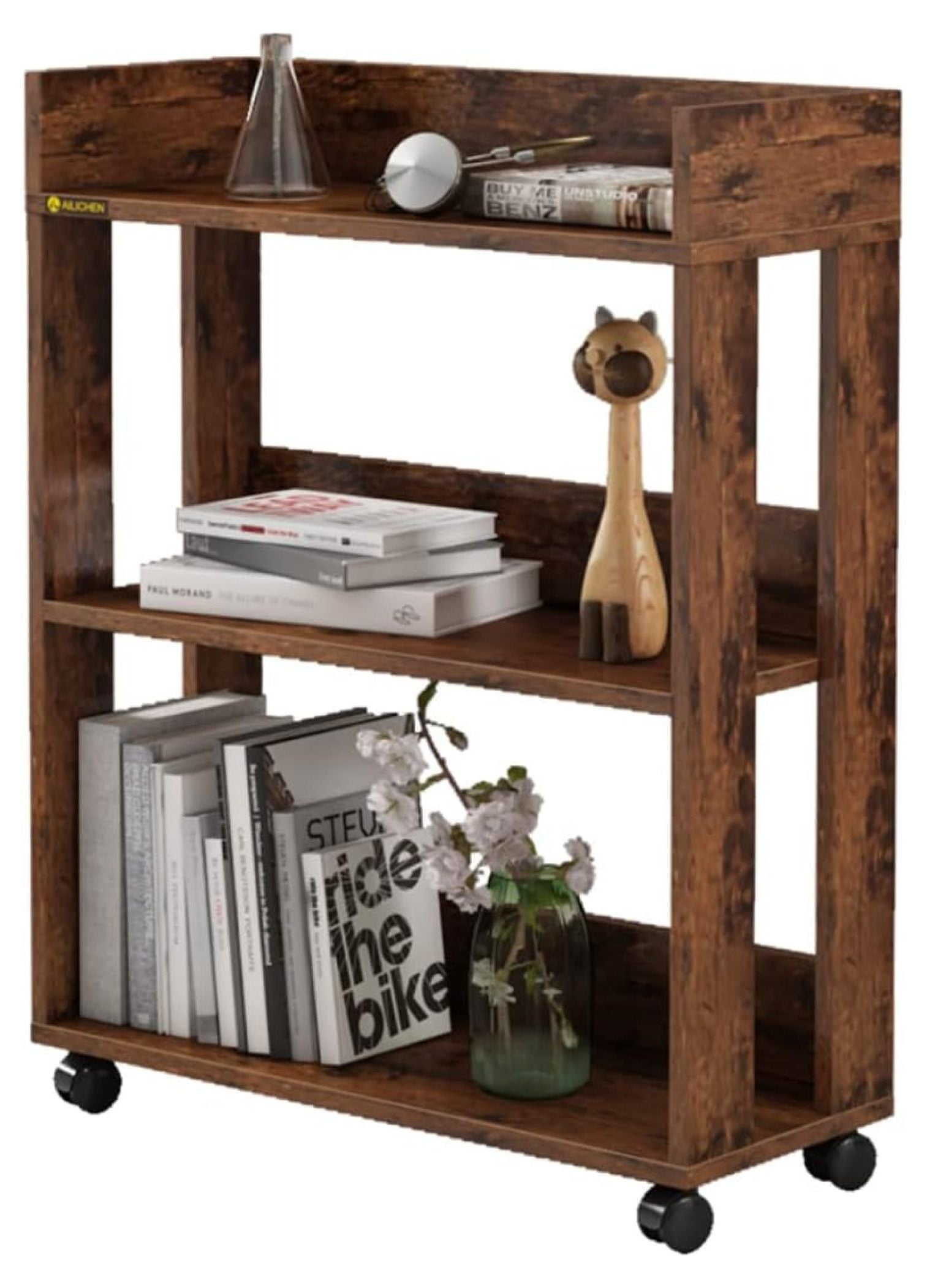 Mobile Bookshelf with Wheels 3 Tier, Wooden Small Bookcases for Small ...