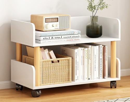 Mobile Bookshelf with Wheels 2 Tier, Wooden Small Bookcases for Small ...