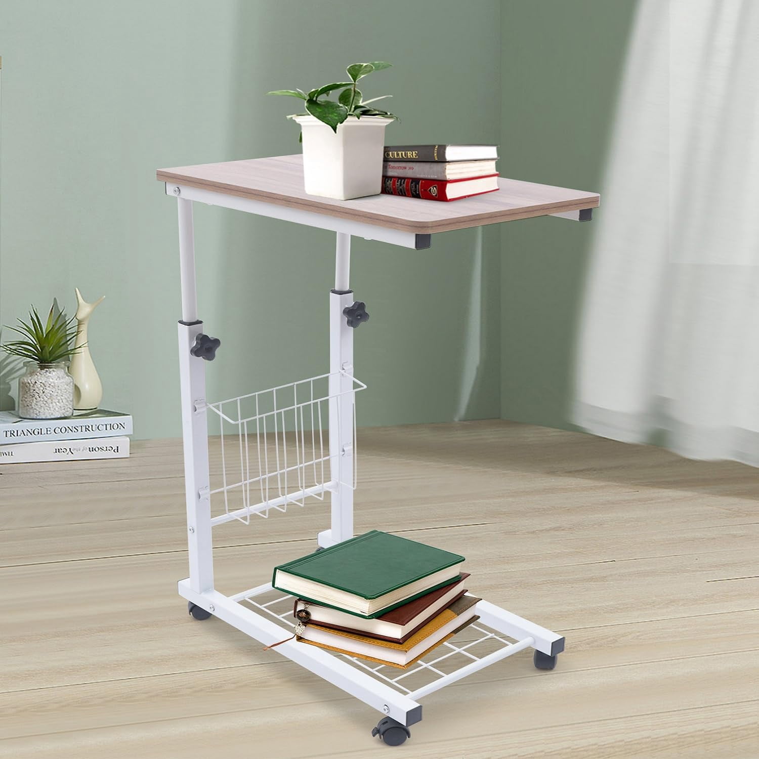 Mobile C Shaped Side Table, Height Adjustable Rolling Bedside Table ...
