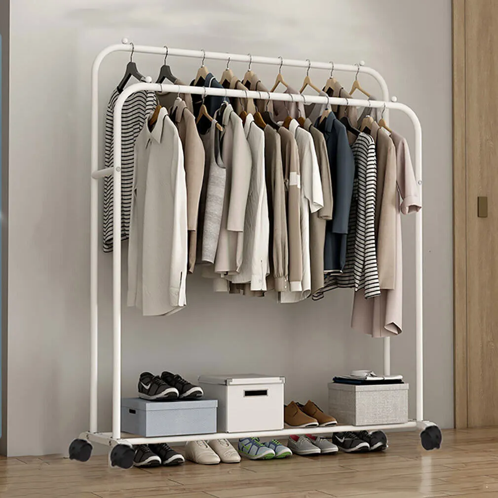 Mobile Clothes Rack Garment Rail Rack Rolling Stand Two Top Rod & Lower ...