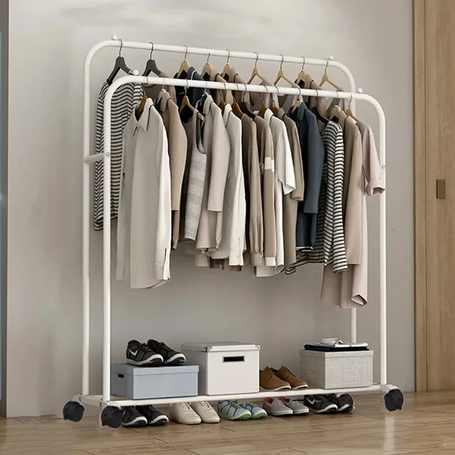 Mobile Clothes Rack Garment Rail Rack Rolling Stand Two Top Rod & Lower ...