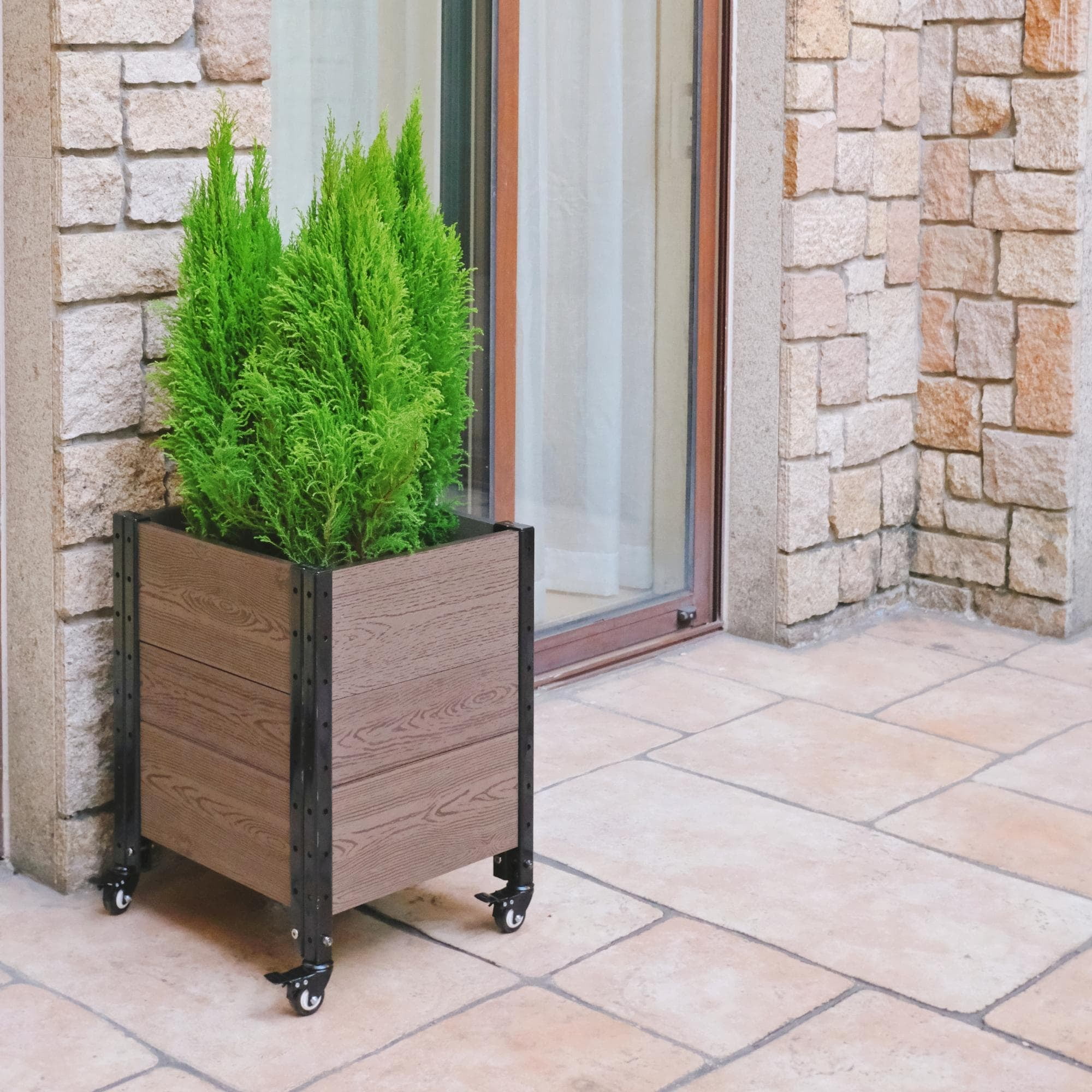 Mobile Corner Planter Box Raised Garden Bed Wood Texture Brown & Black ...