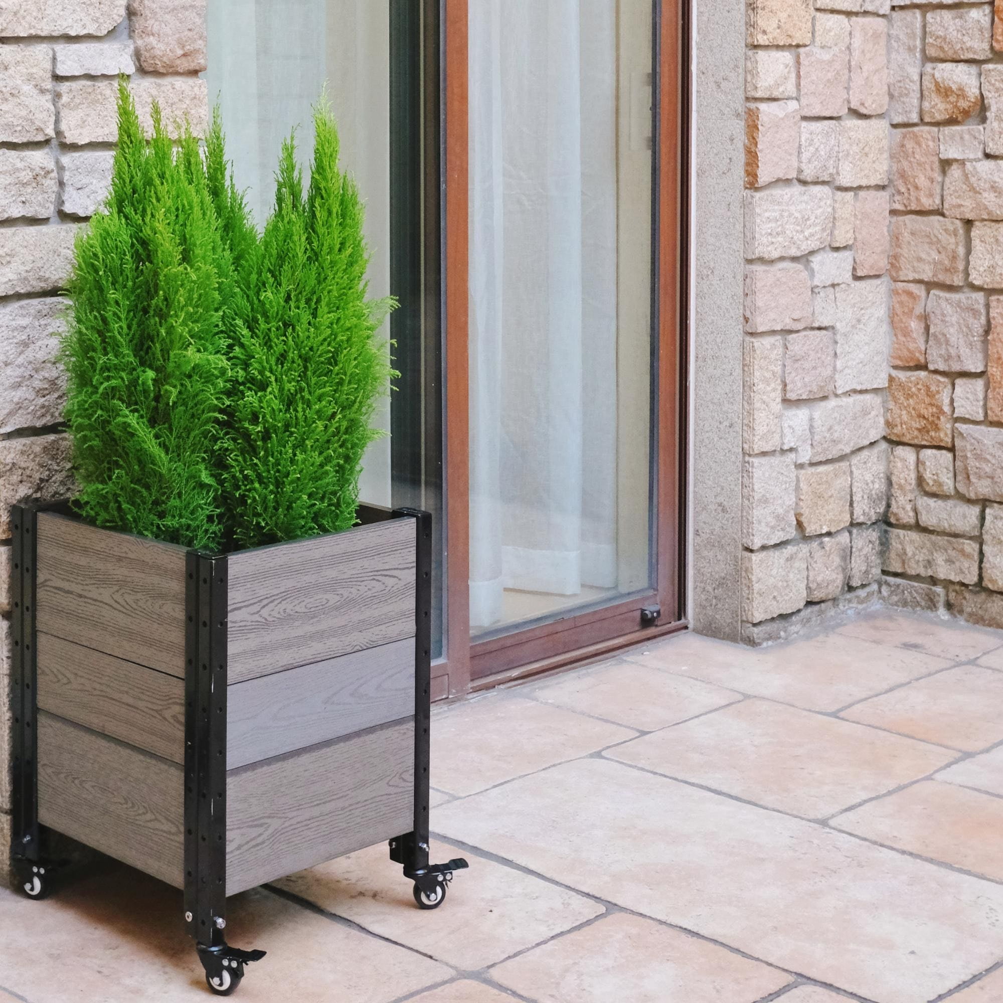 Mobile Corner Planter Box Raised Garden Bed Wood Texture Grey & Black ...