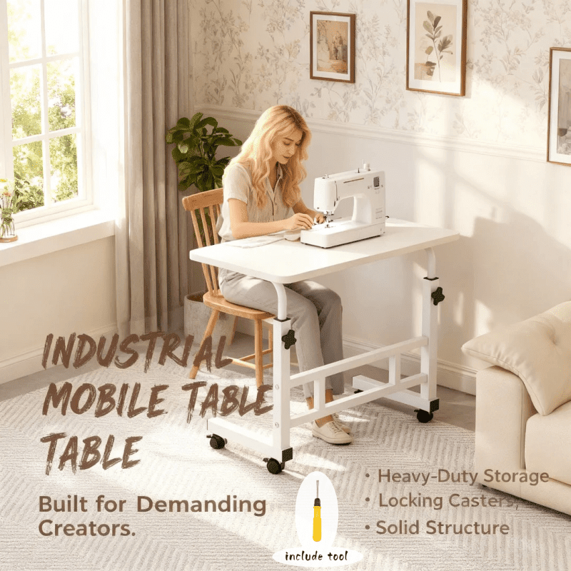 Mobile Craft Table with Wheels, Adjustable Height & Double Shelves for ...