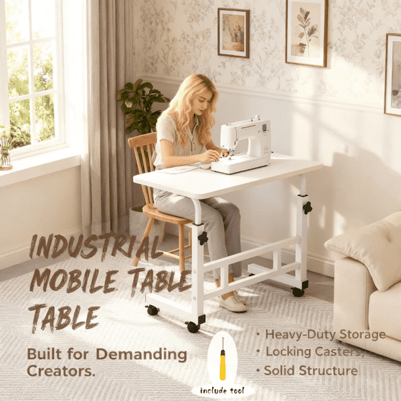 Mobile Craft Table with Wheels, Adjustable Height & Double Shelves for ...