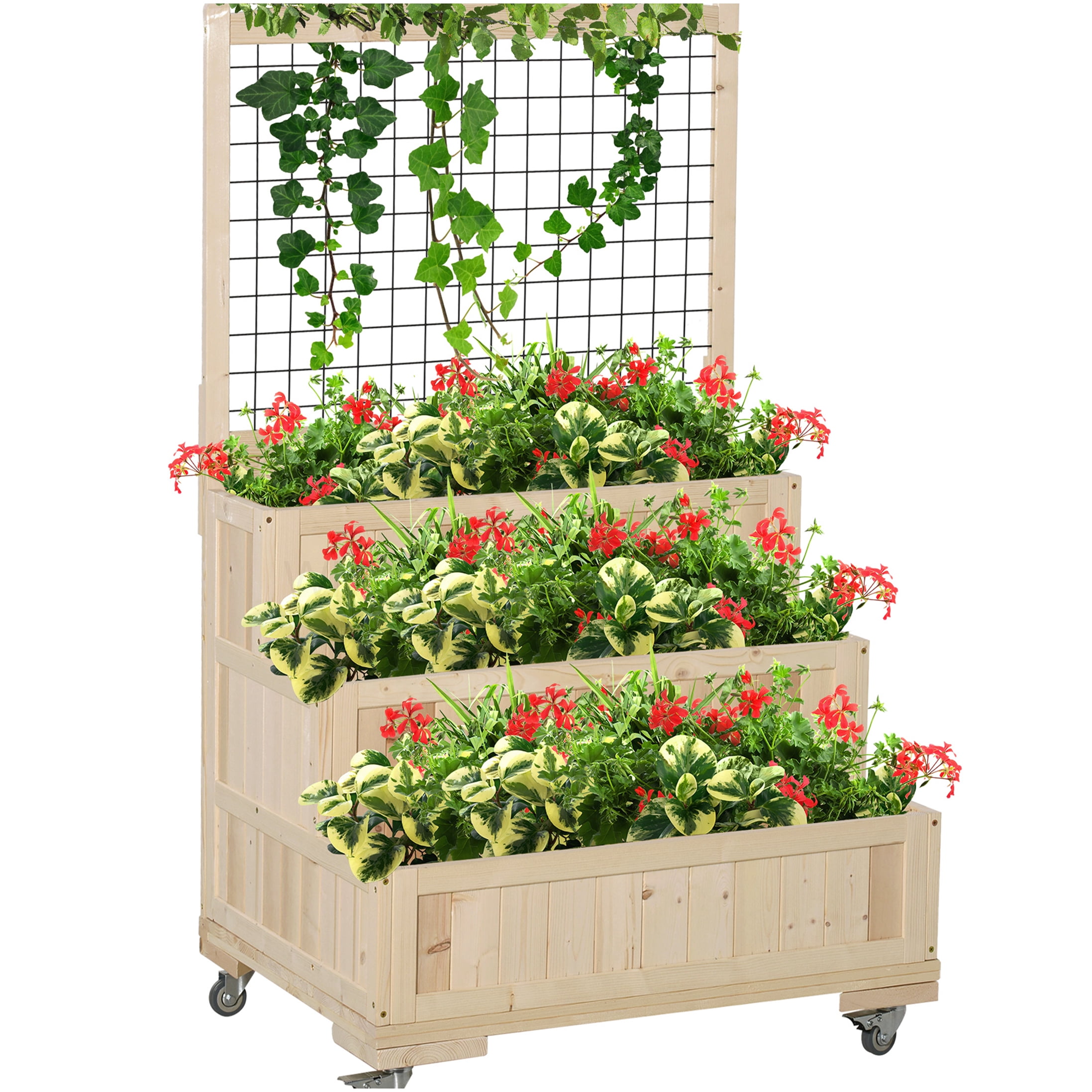 Mobile Elevated Garden Bed with Trellis, 3 Tier Wood Planter Box on ...