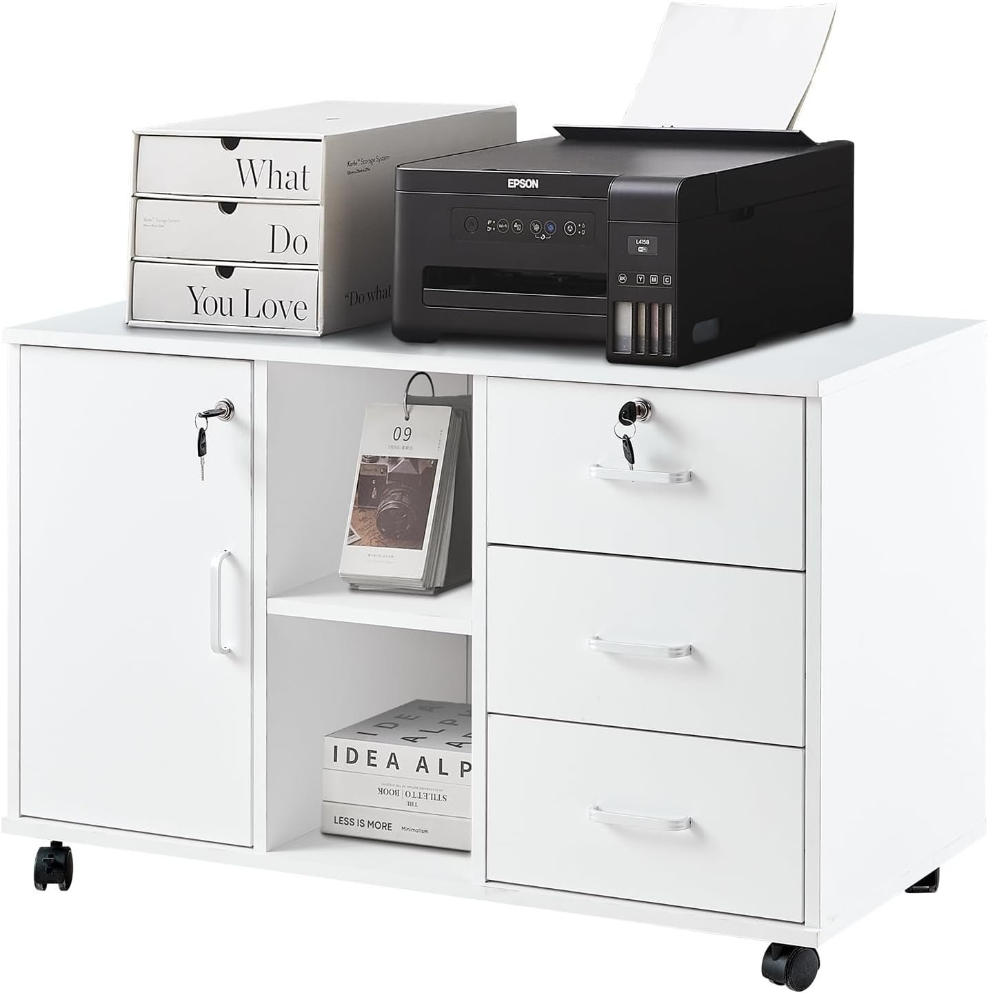 Mobile File Cabinet with 3 Drawers and 1 Door, Lateral Stationery ...