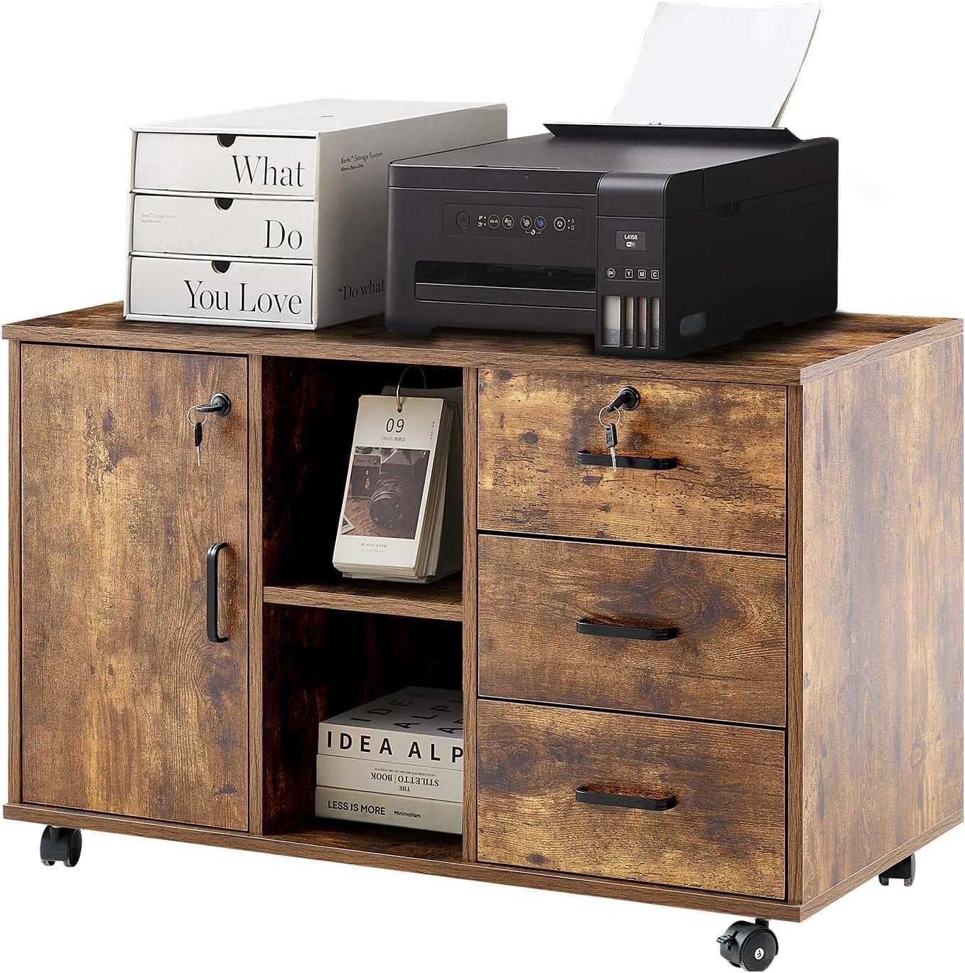 Mobile File Cabinet with 3 Drawers & 1 Door, Lateral Stationery Letter ...