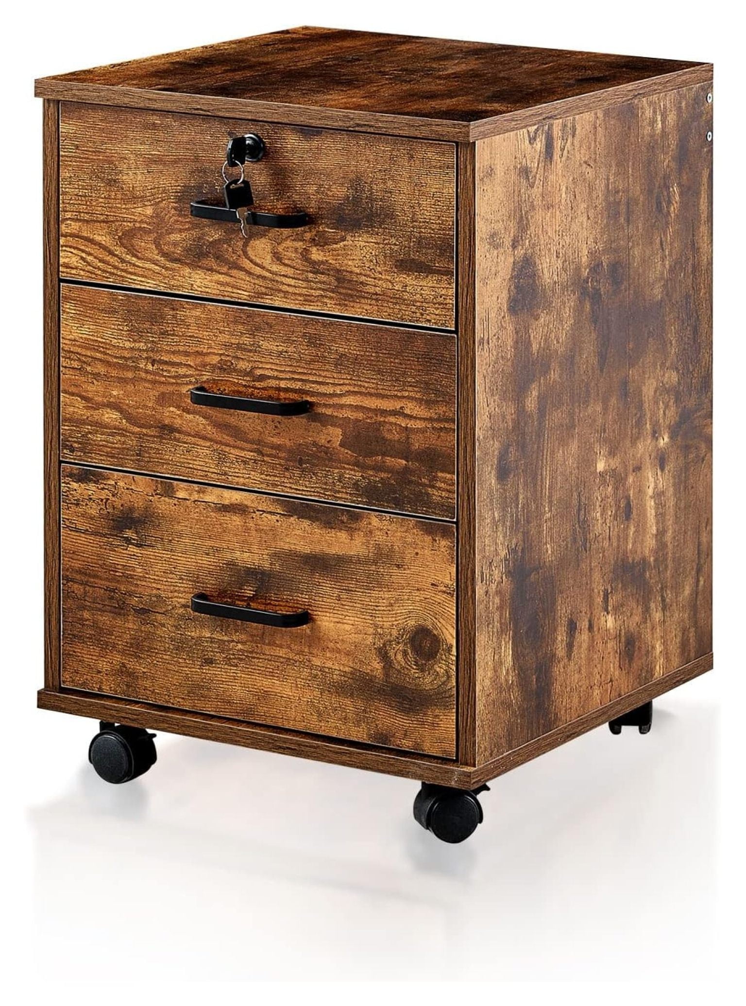 Mobile File Cabinet with 3 Drawers, Lockable Storage Unit Wooden ...