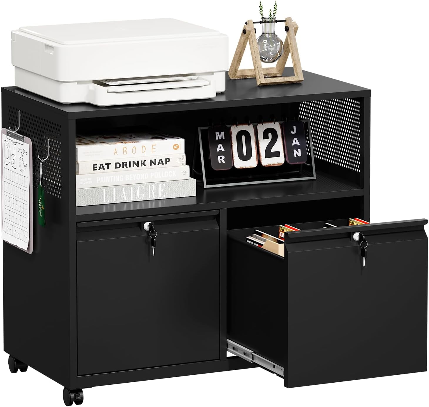 Mobile File Cabinet, Lateral Filing Cabinet with Lock, Open Storage ...