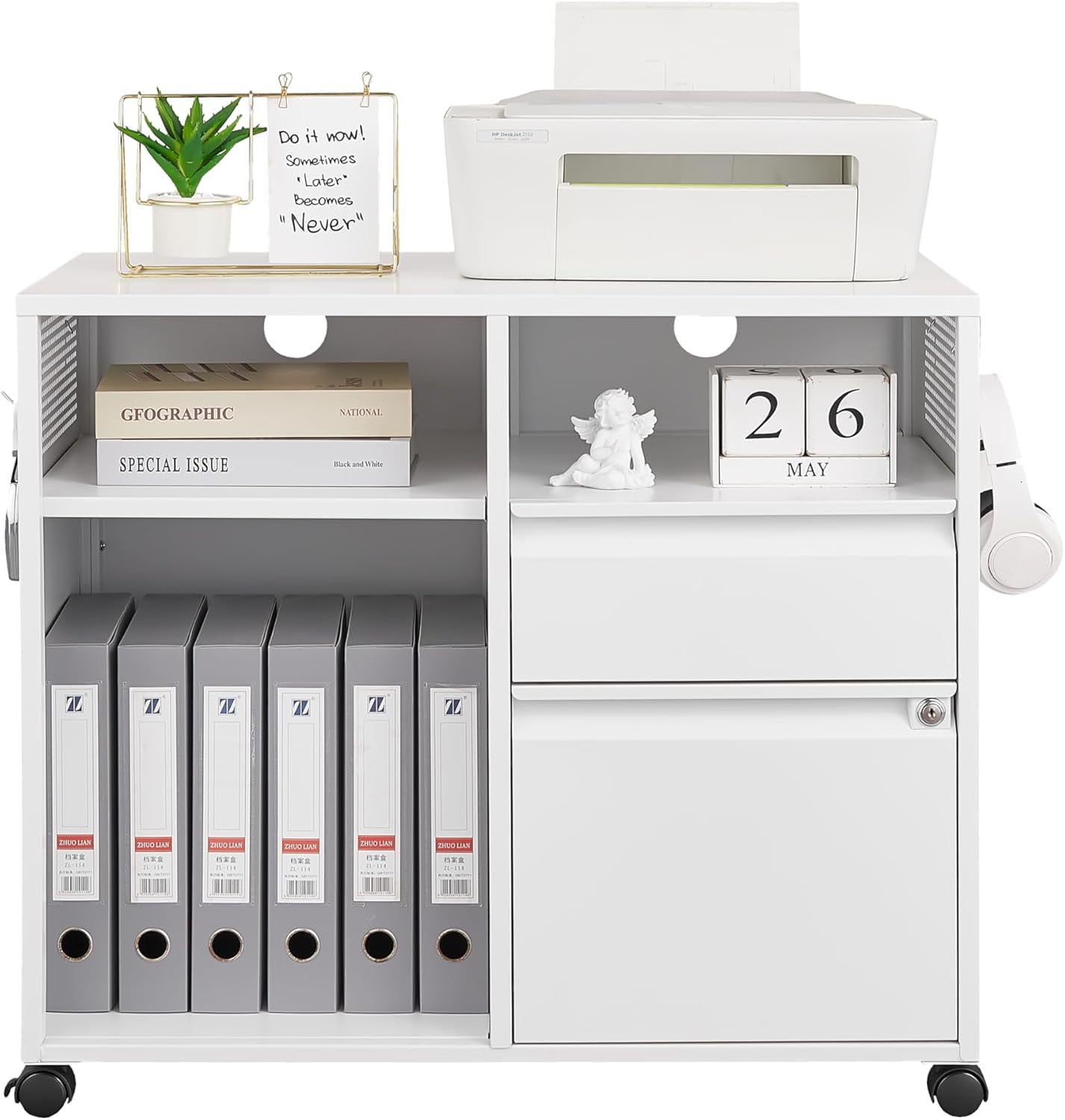 Mobile File Cabinet, Lateral Filing Cabinet with Lock, Open Storage Cabinet with Adjustable ...