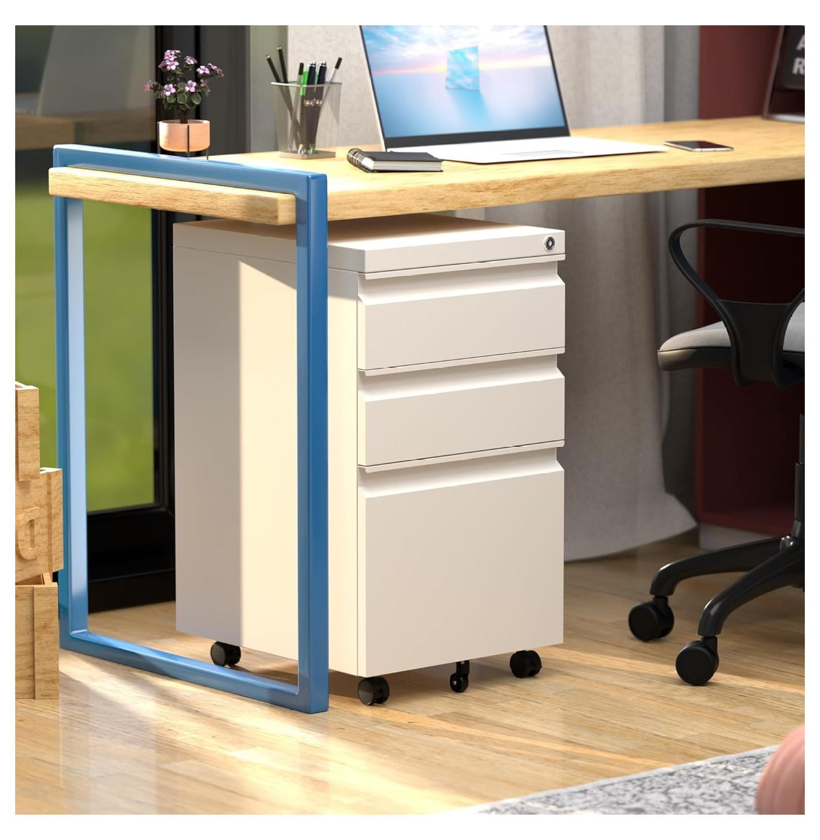 Mobile File Cabinet Under Desk, 3 Drawers Metal File Cabinet with ...