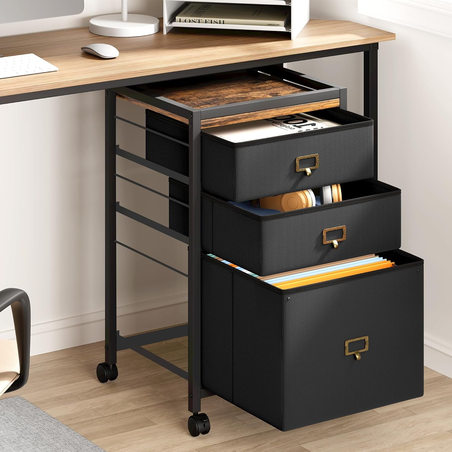 Mobile File Cabinet with Drawers & Wheels, Fabric Vertical File Cabinet ...