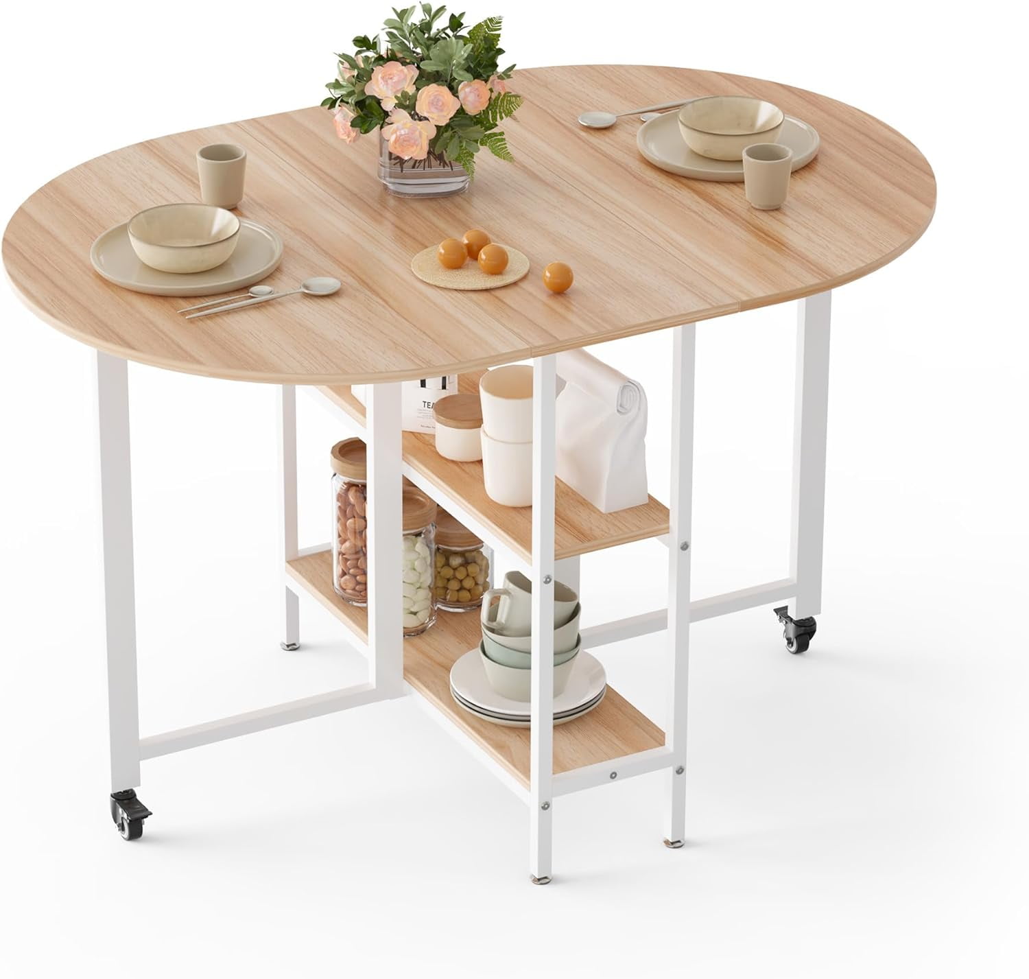 Mobile Folding Dining Table, Drop Leaf Table with 2 Open Storage ...