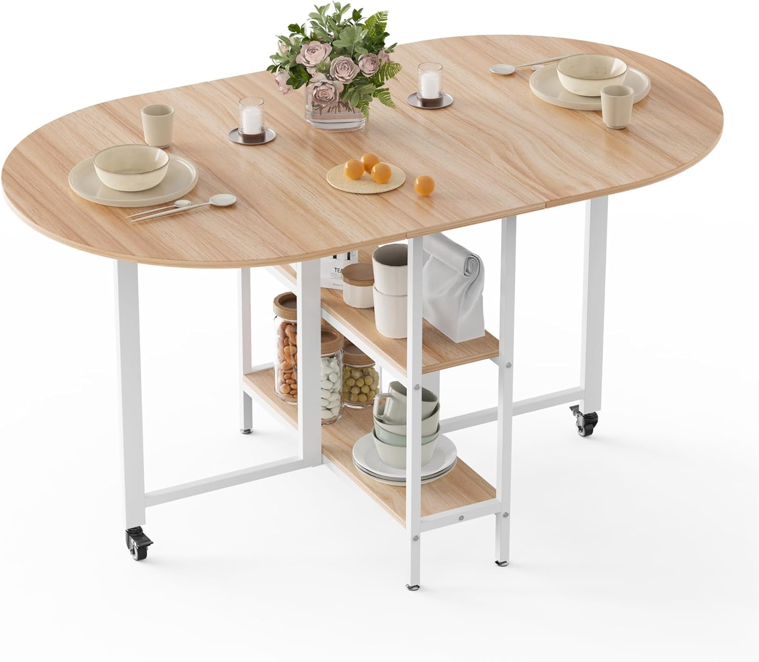 Mobile Folding Dining Table, Drop Leaf Table with 2 Open Storage ...