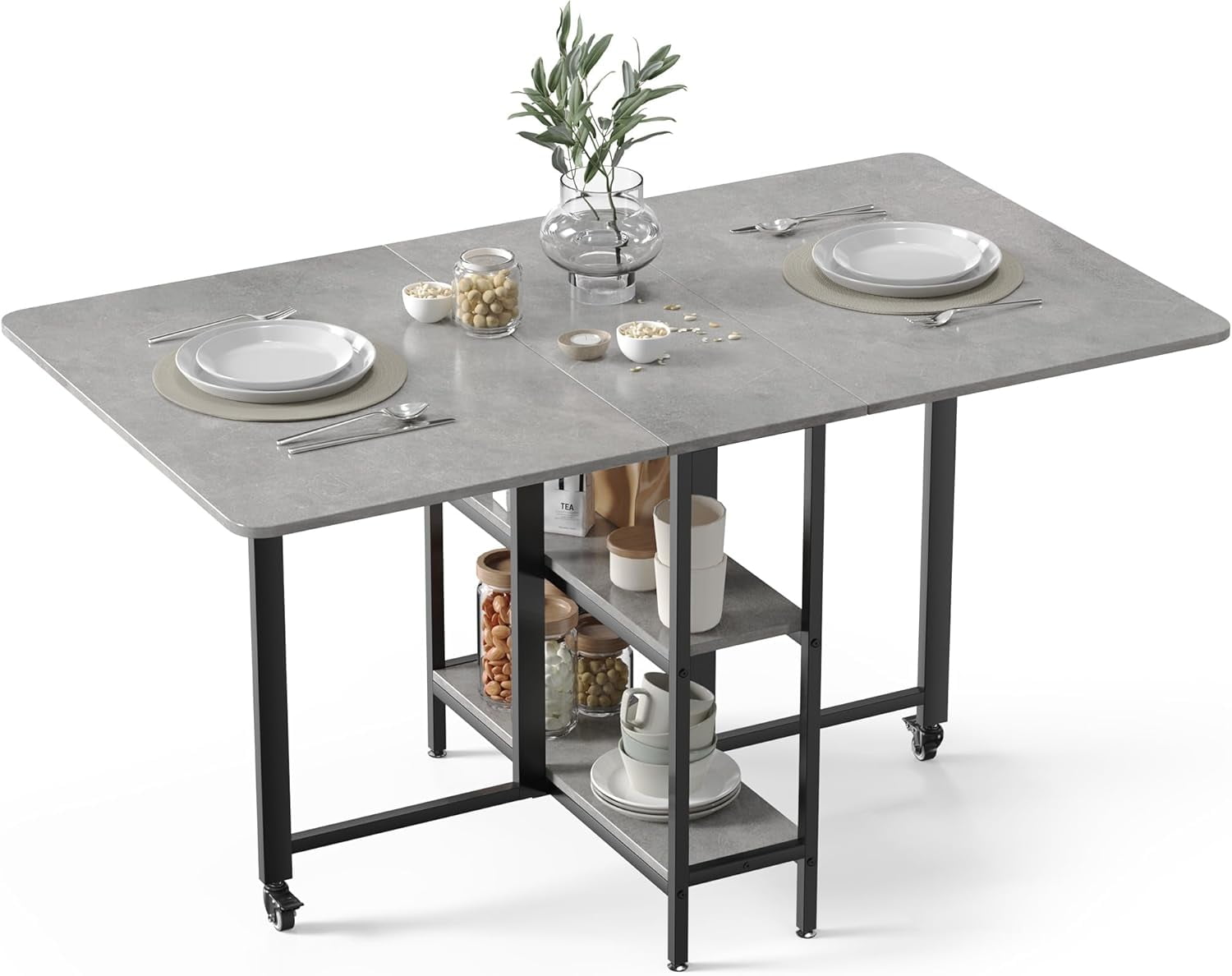 Mobile Folding Dining Table, Drop Leaf Table with 2 Open Storage ...