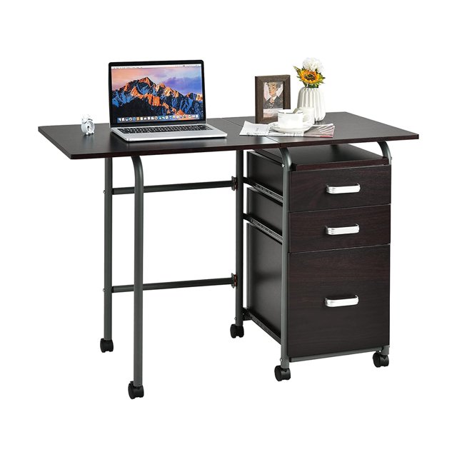 Mobile Home Office Desk, Folding Desk with 3 Drawers, Study Writing ...