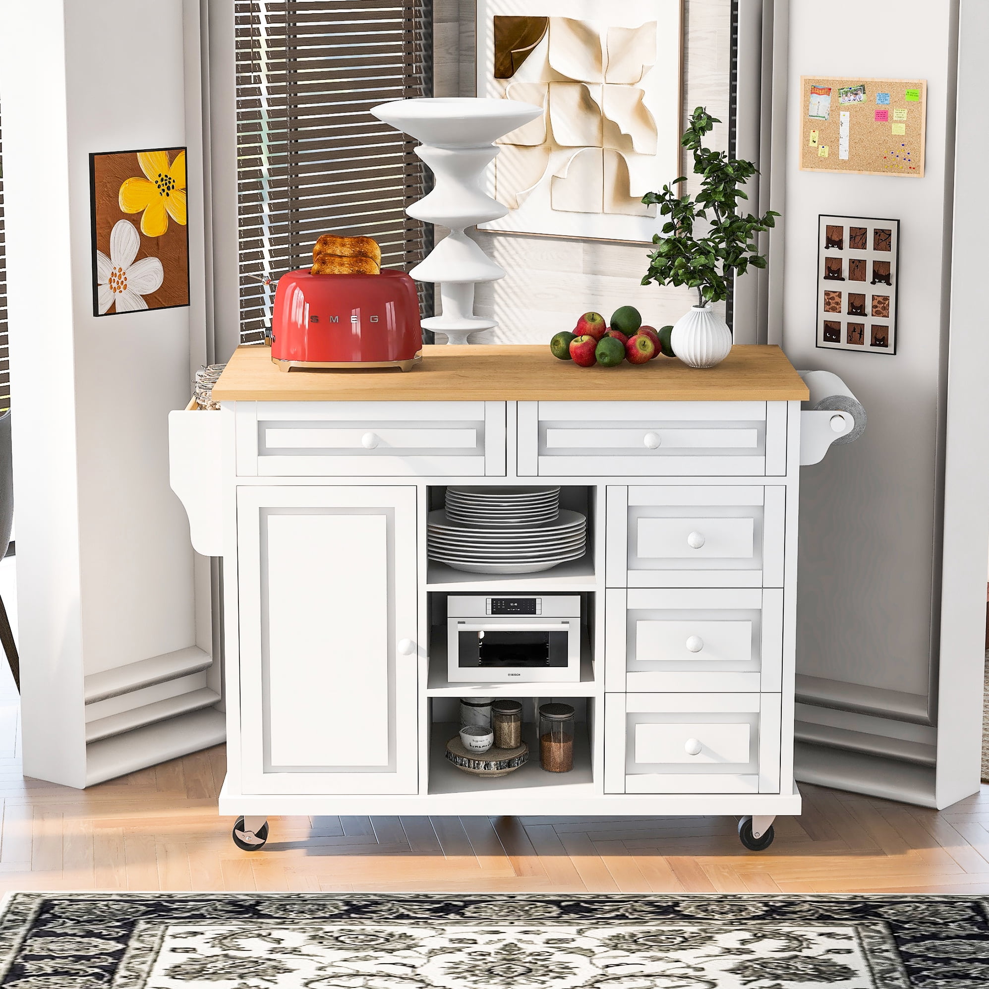 Mobile Kitchen Cart With Spice Rack: 5 Drawers, White Cart: & Rubber ...