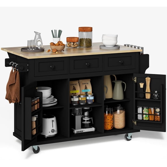 Mobile Kitchen Island Cart 54 Inch with Storage Folding Countertop & 3 ...