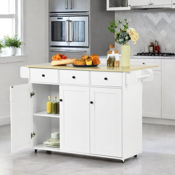 Mobile Kitchen Island Cart with Folding Drop Leaf, Light Oak Top ...