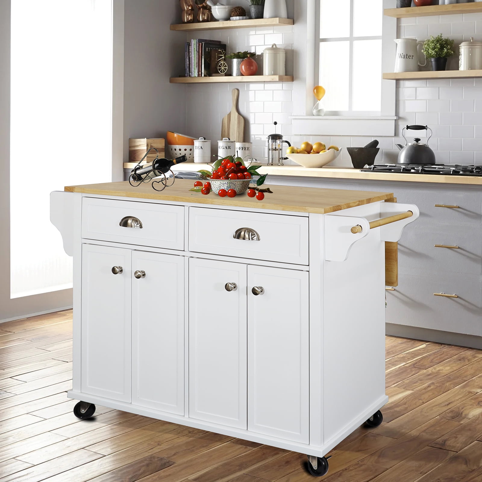 Mobile Kitchen Island On Wheels With Spice Rack Towel Holder 2 Storage ...