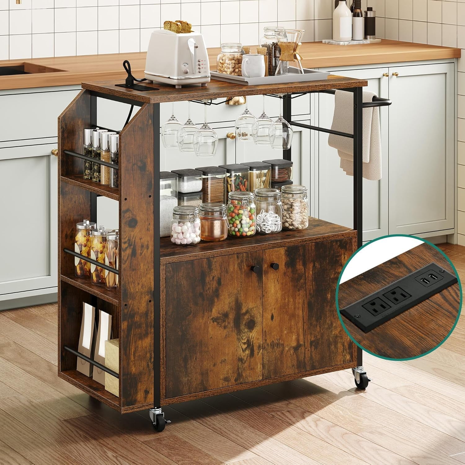Mobile Kitchen Island Space-Saving Rack Cart featuring Power Outlet, 36 ...