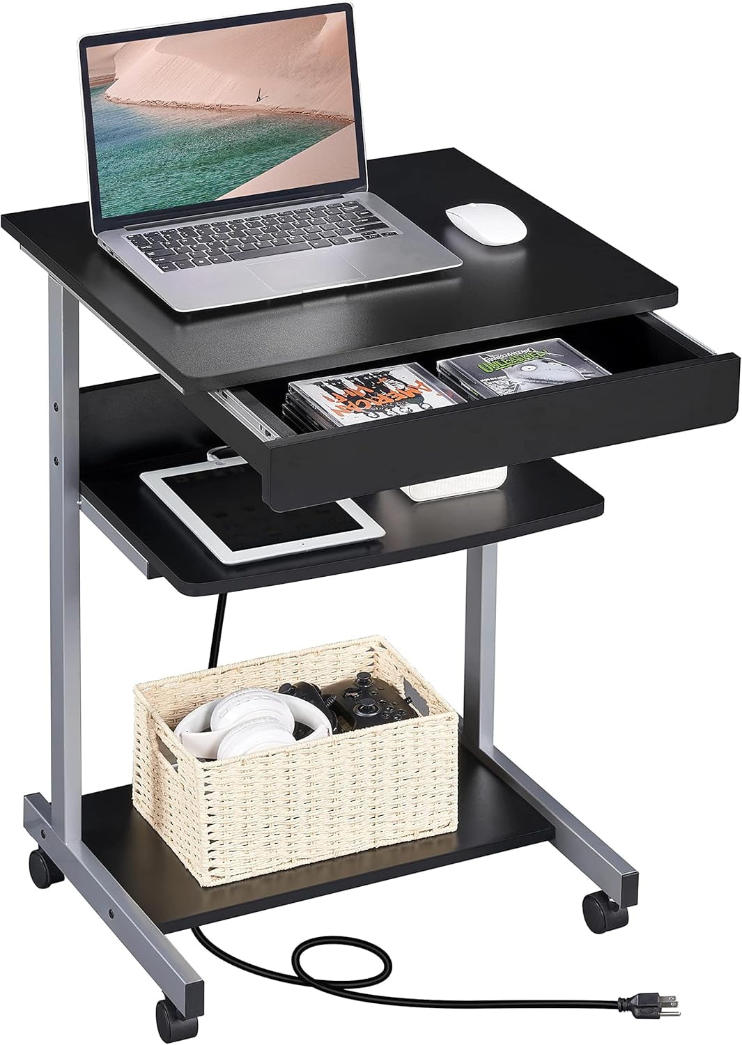 Mobile Laptop Desk Compact Computer Table on Wheels with Power Outlet ...