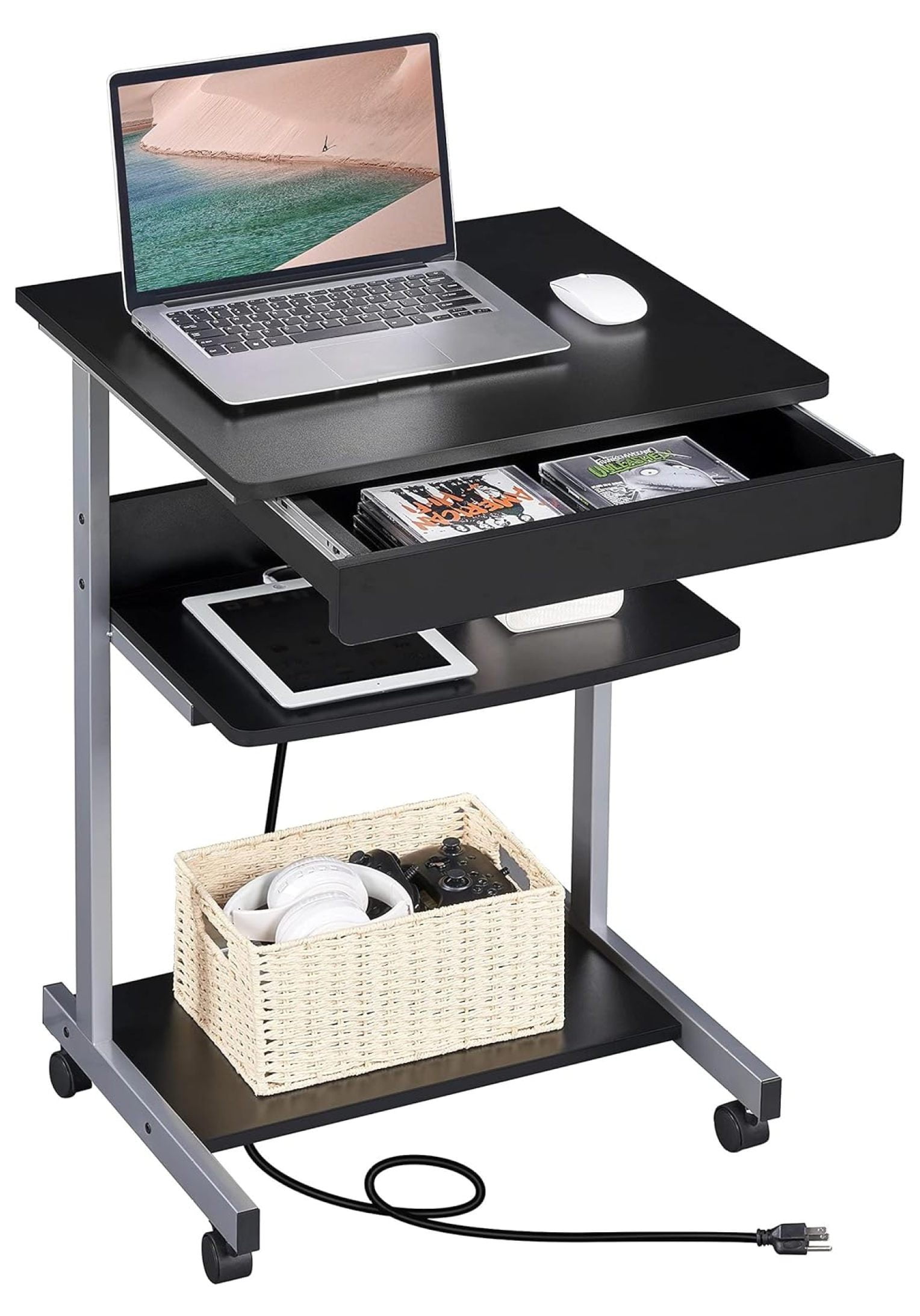 Mobile Laptop Desk Compact Computer Table on Wheels with Power Outlet ...
