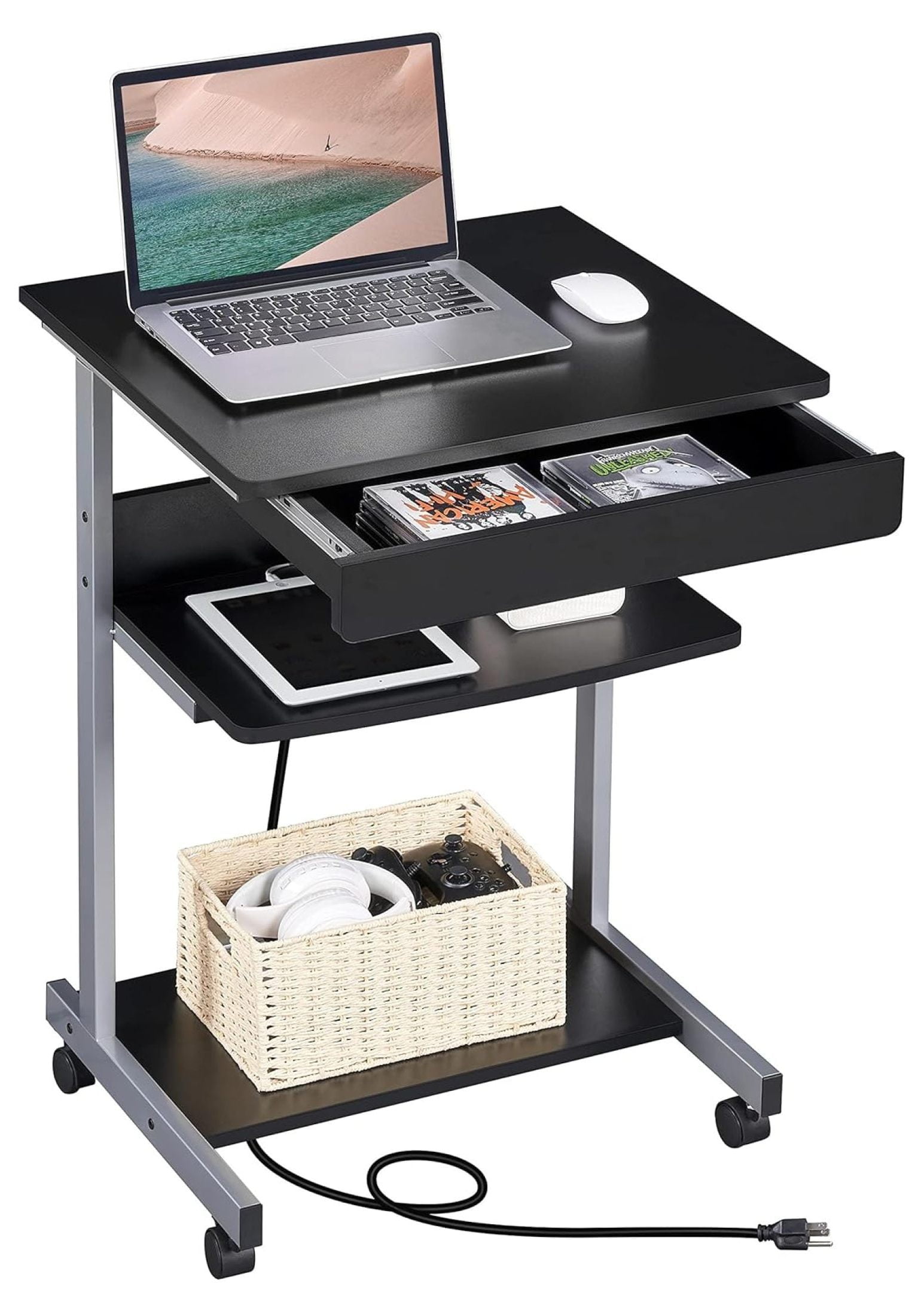 Mobile Laptop Desk Compact Computer Table on Wheels with Power Outlet ...