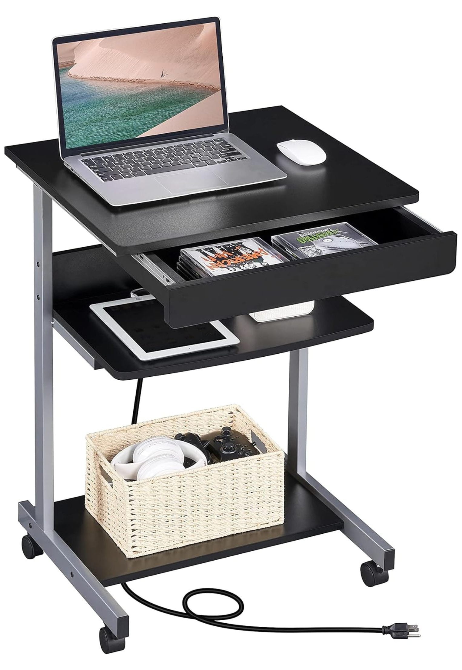 Mobile Laptop Desk with Power Outlet, Compact Computer Table on Wheels ...