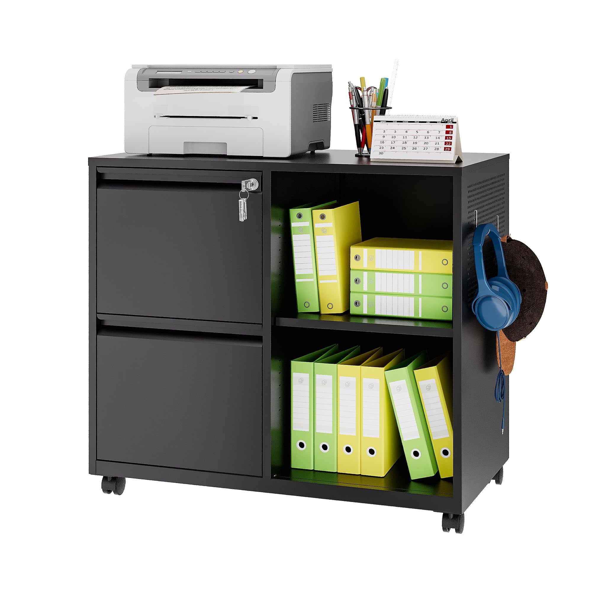 Mobile Lateral Filing Cabinet, 2 Drawer Locking Storage Unit on Casters ...