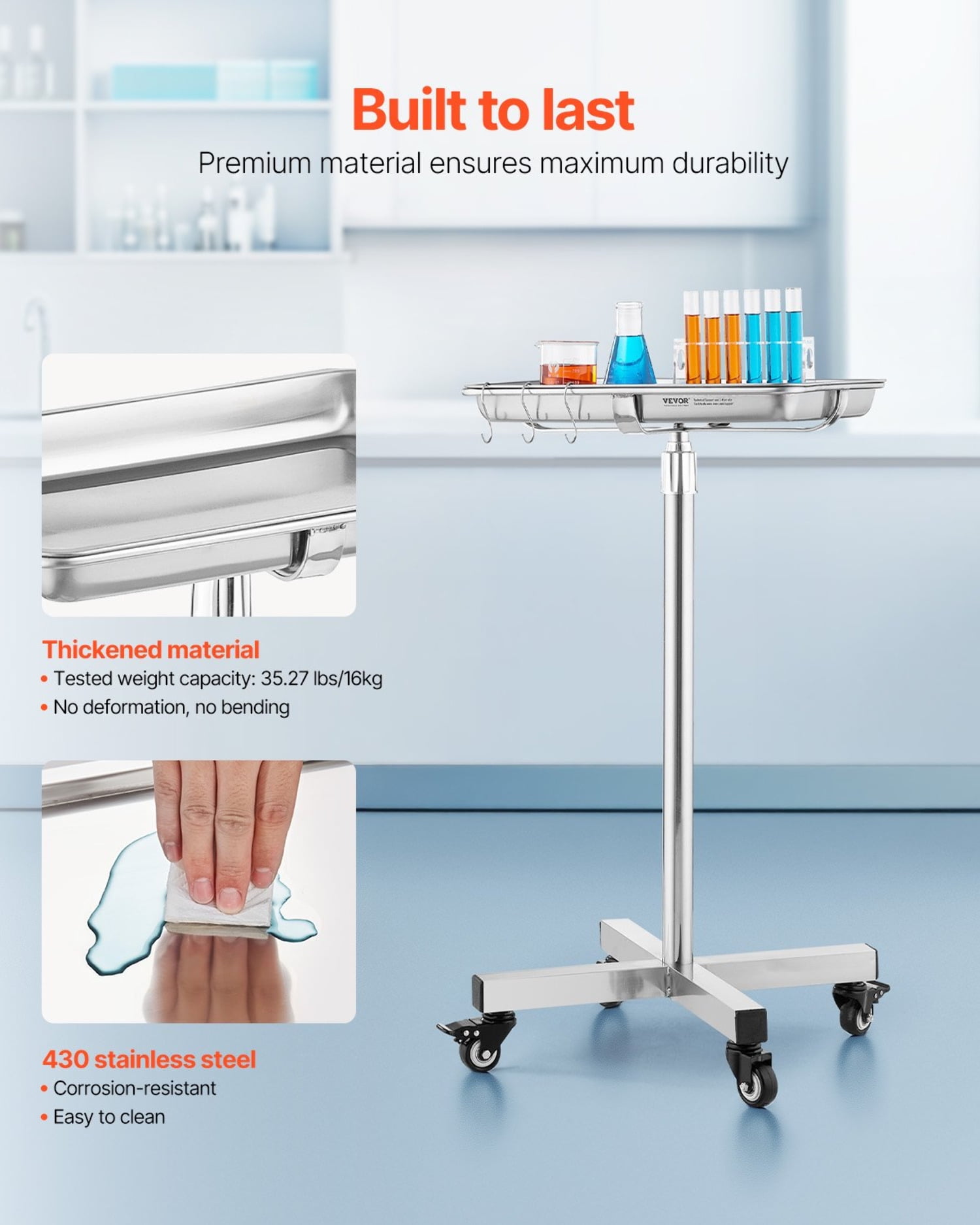 Mobile Mayo Stand Stainless Steel Mayo Tray 25.2"-39.8" with Removable ...