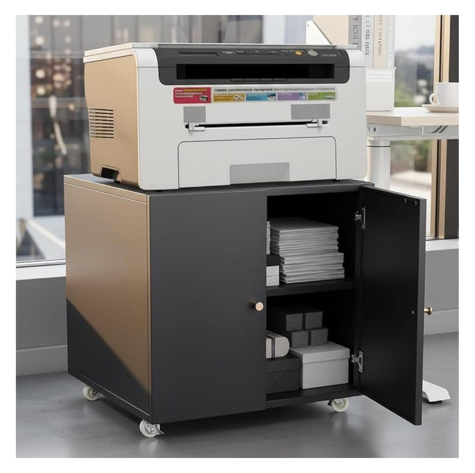 Mobile Metal Printer Cart with 2-Door Adjustable 2-Layer Shelves and ...