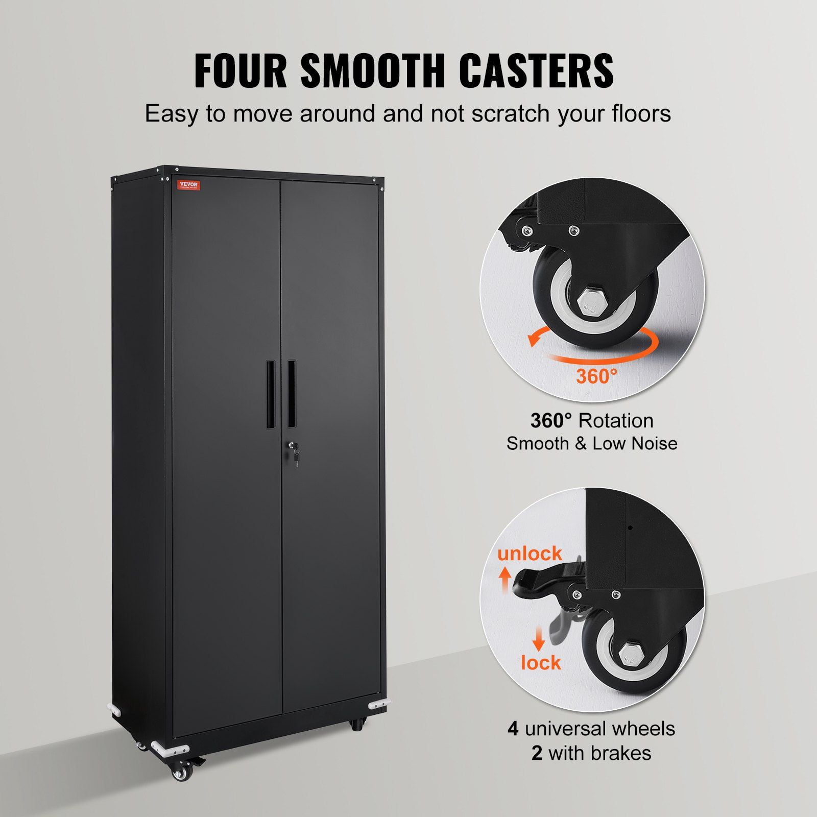 Mobile Metal Storage Cabinet, 75" Locking Black Cabinet with Wheels, 4 ...