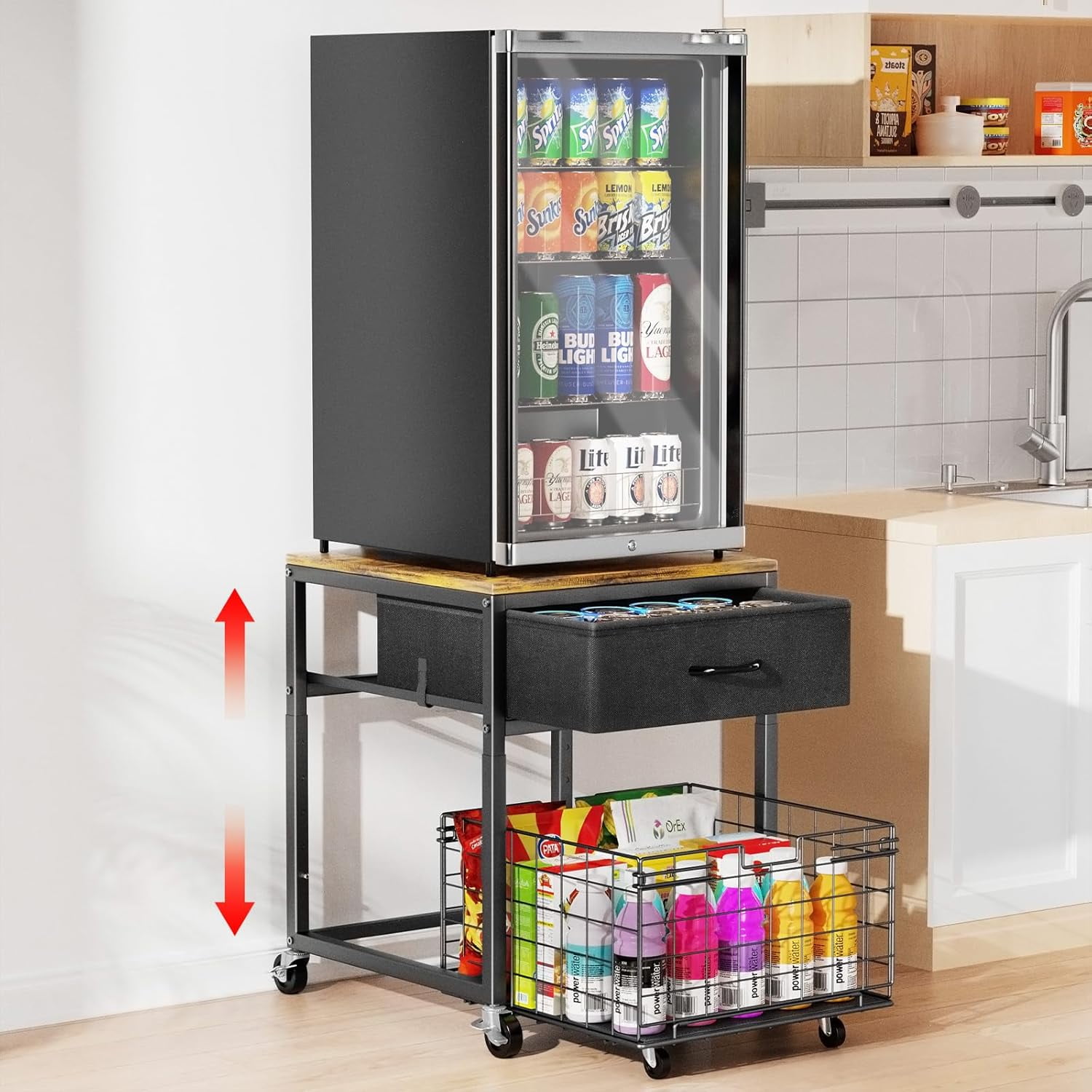 Mobile Mini Fridge Stand with Storage, Height-Adjustable Mini Beverage ...