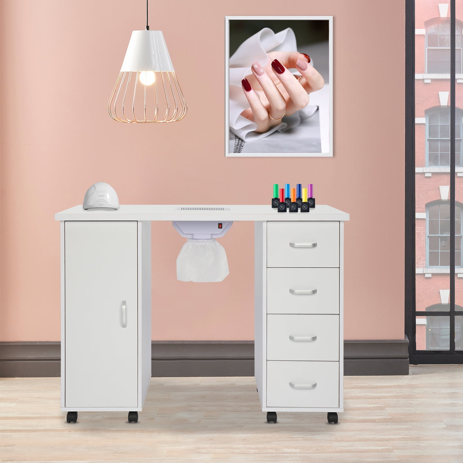 Mobile Nail Salon Table w/ Cooling Fan & 4 Drawers - White MDF Rolling ...