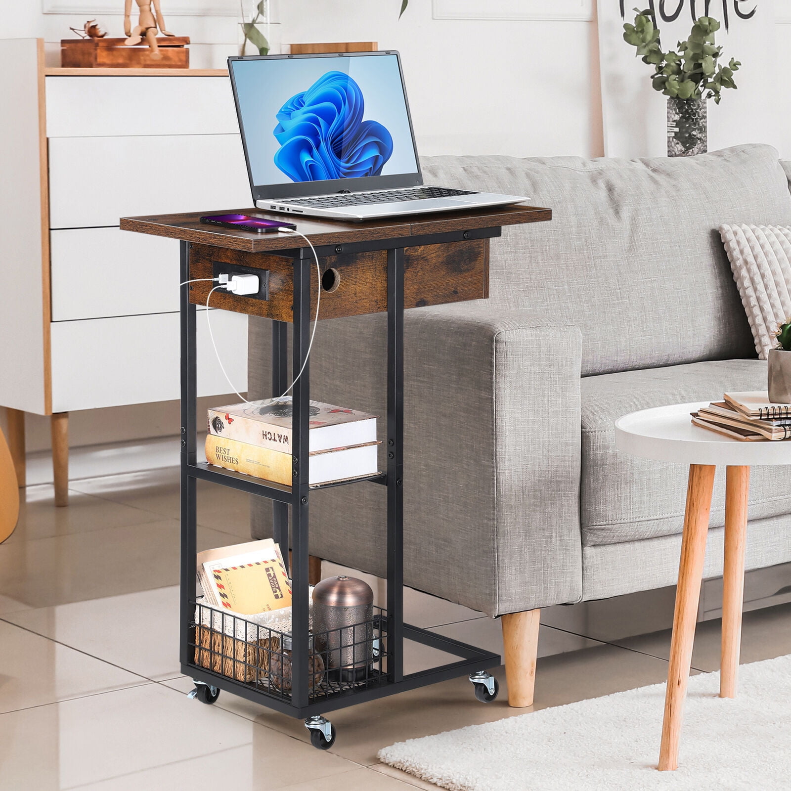 Mobile Narrow C Side Tables with USB Ports and Outlets End Table for ...