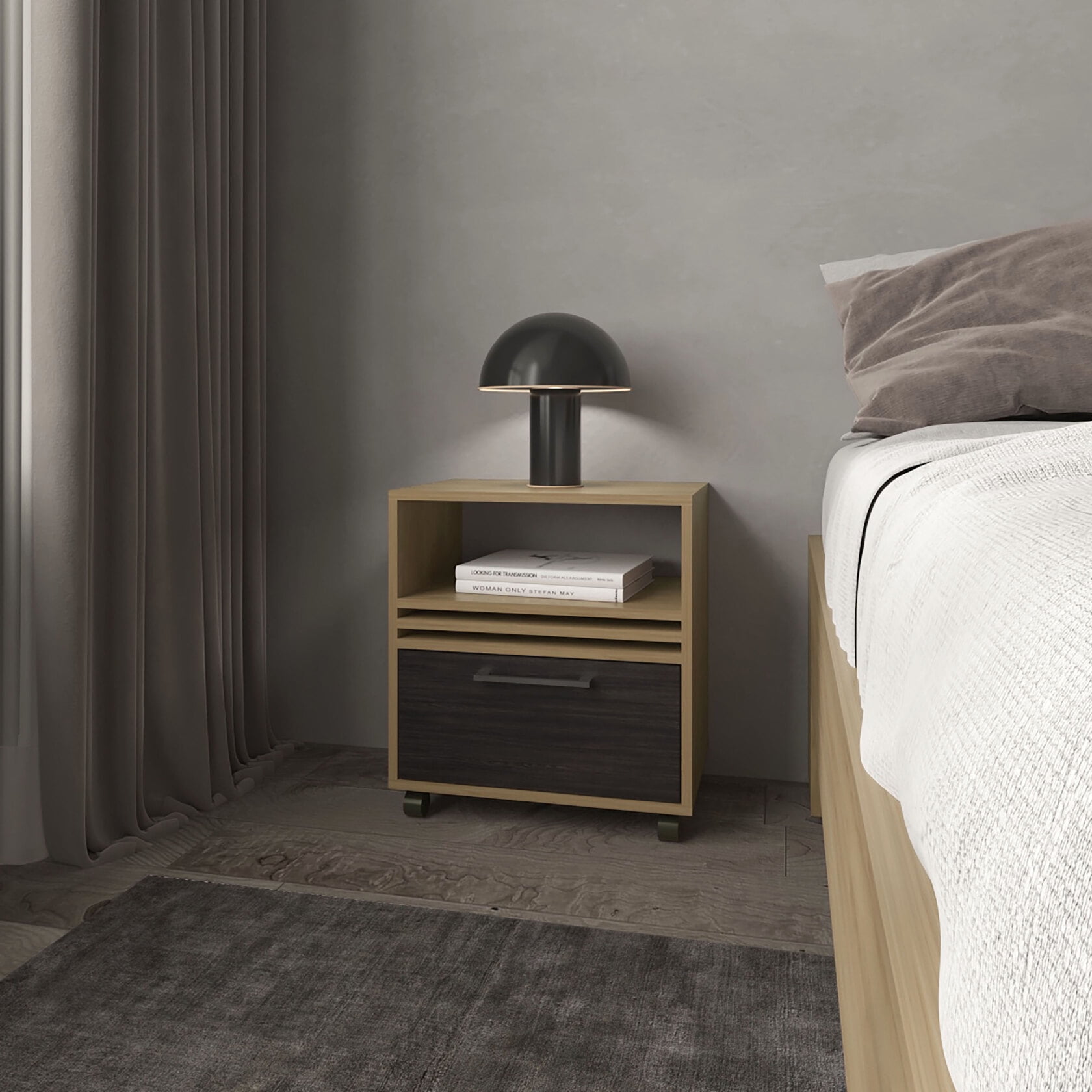 Mobile Nightstand with Wheels, Light Oak Bedside Table with Drawer and ...