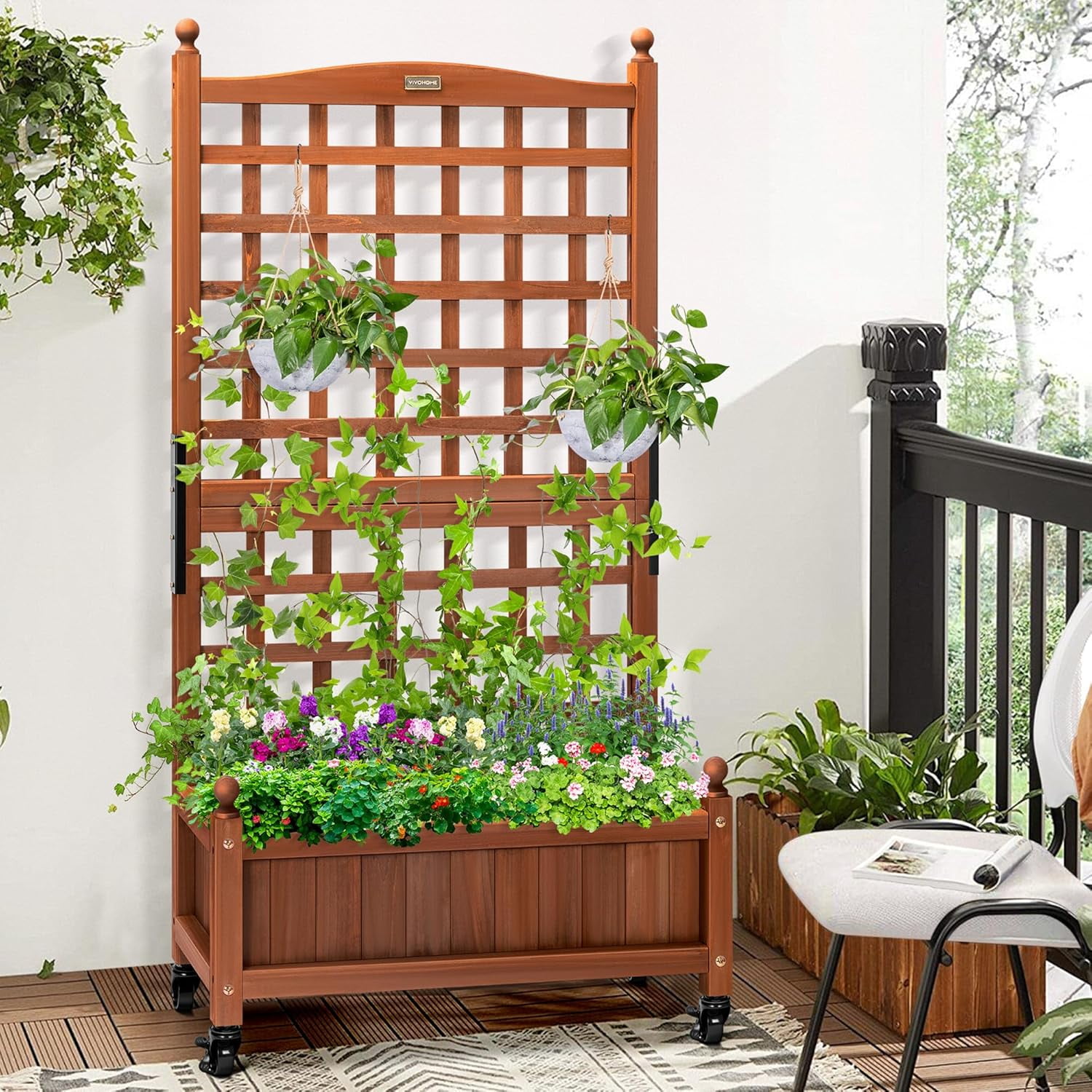 Mobile Planter Box with Trellis 50 Inch Tall, Standing Natural Wood ...