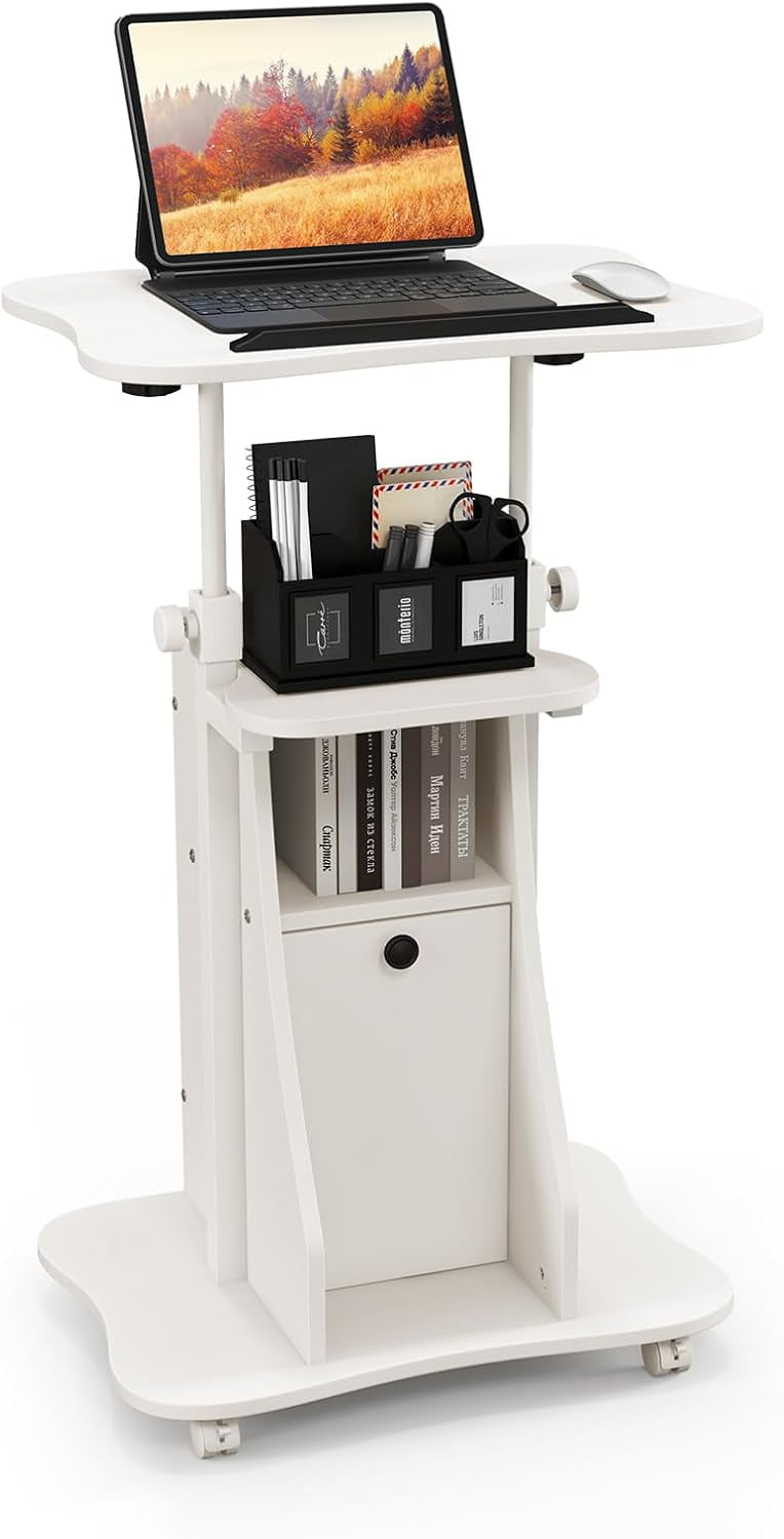 Mobile Podium Stand, Sit-to-Stand Laptop Cart with Tilting Tabletop ...