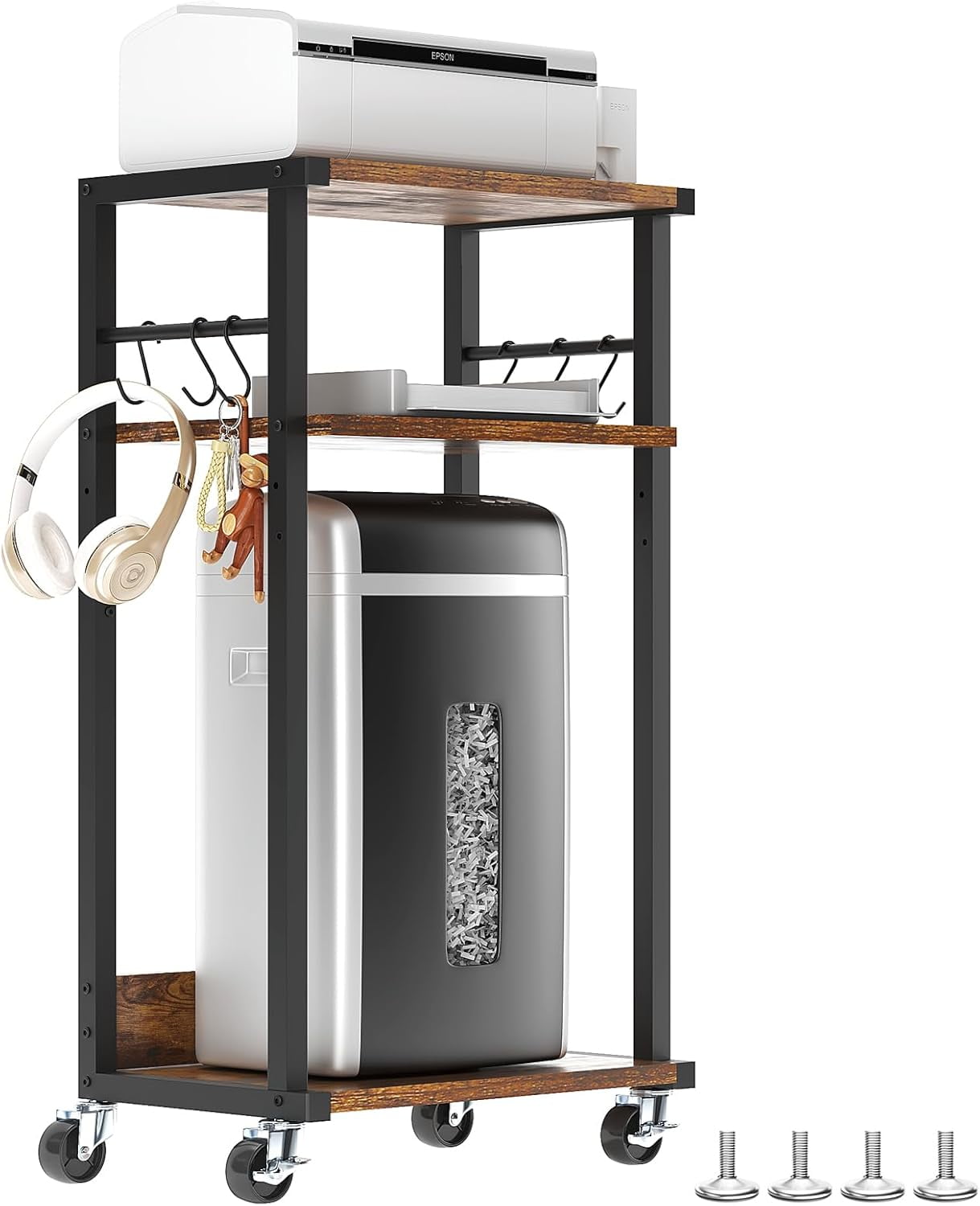 Mobile Printer Stand, 3-Tier Printer Cart with Adjustable Storage Shelf ...